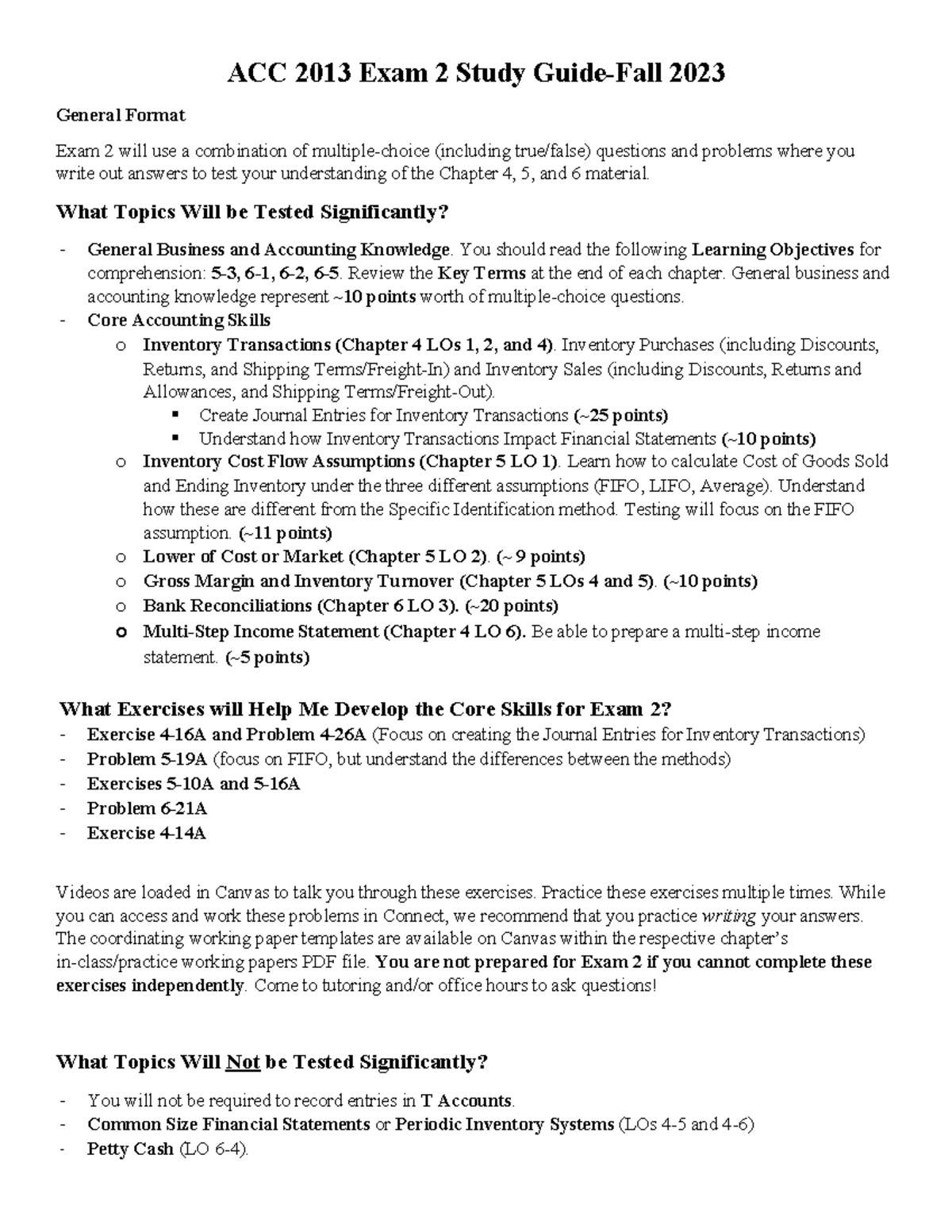 ACC 2013 Fall 2023 Exam 2 Study Guide - ACC 2013 Exam 2 Study Guide-Fall 2023 General Format ...