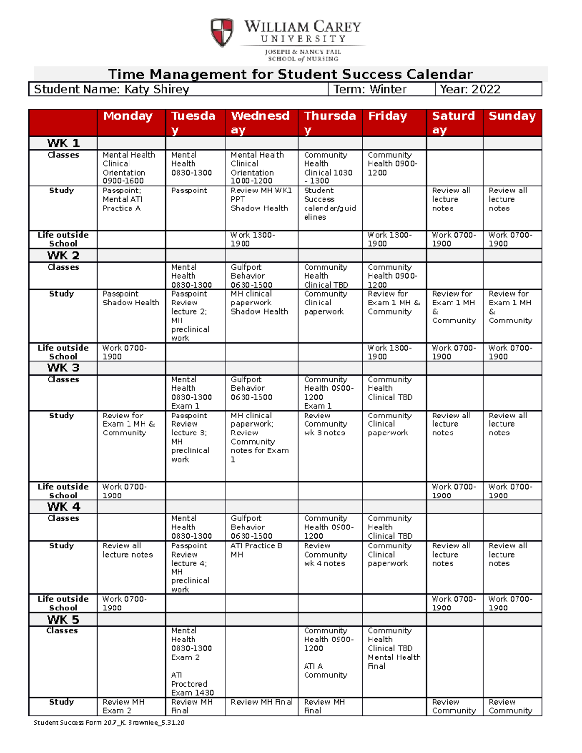 Calendar - Time Management for Student Success Calendar Student Name ...