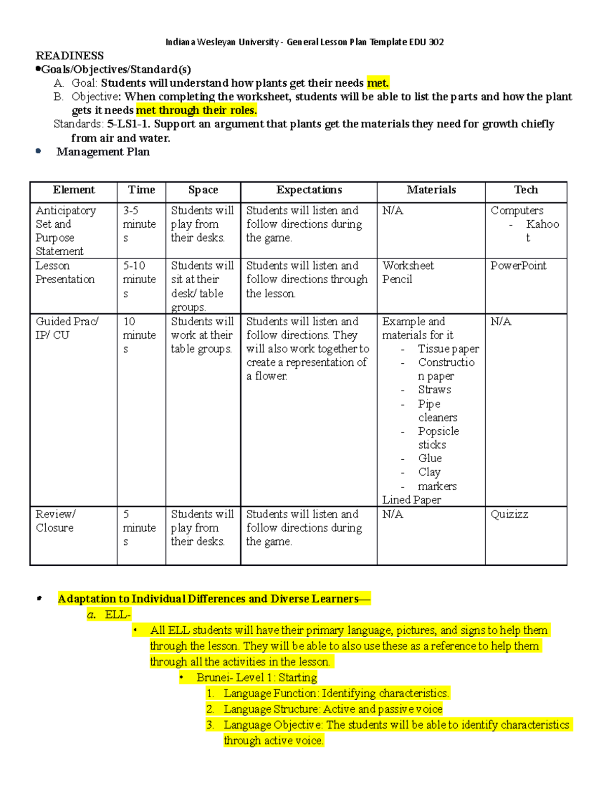 Lesson plan- ELL - READINESS Goals/Objectives/Standard(s) A. Goal ...