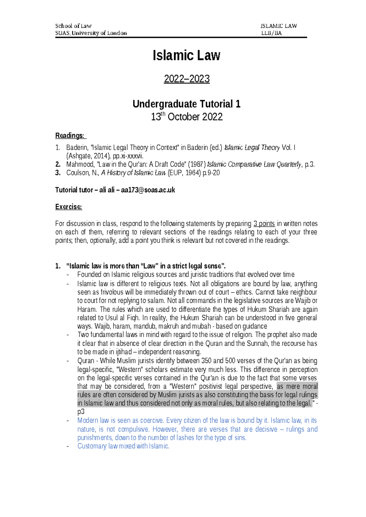 UG Islamic Law Tutorial Sheets 1-3 2022-2023 - SOAS, University of ...