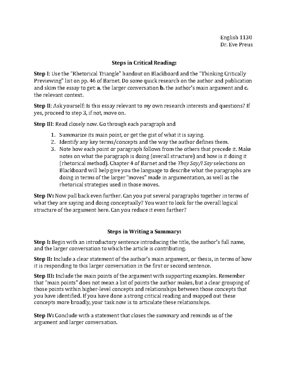 Steps in Critical Reading and Summarizing Handout - English 1130 Dr ...