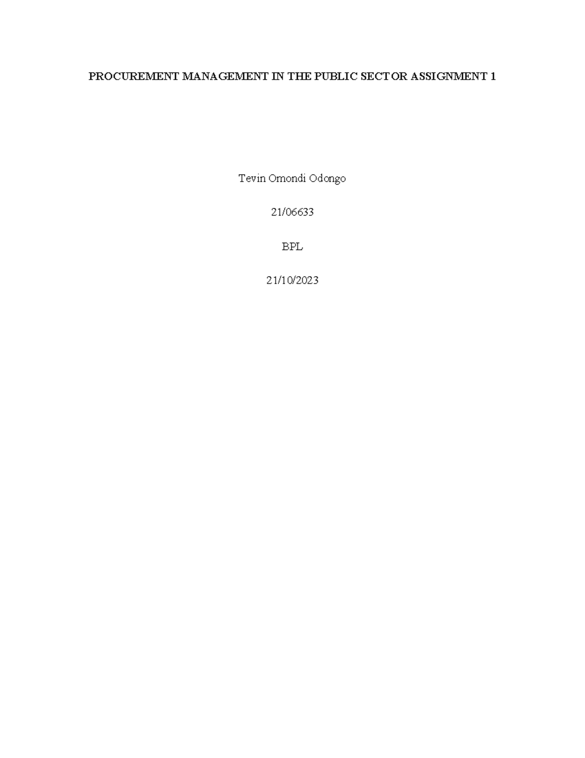 Procurement Management IN THE Public Sector Assignment 1 - PROCUREMENT MANAGEMENT IN THE PUBLIC ...