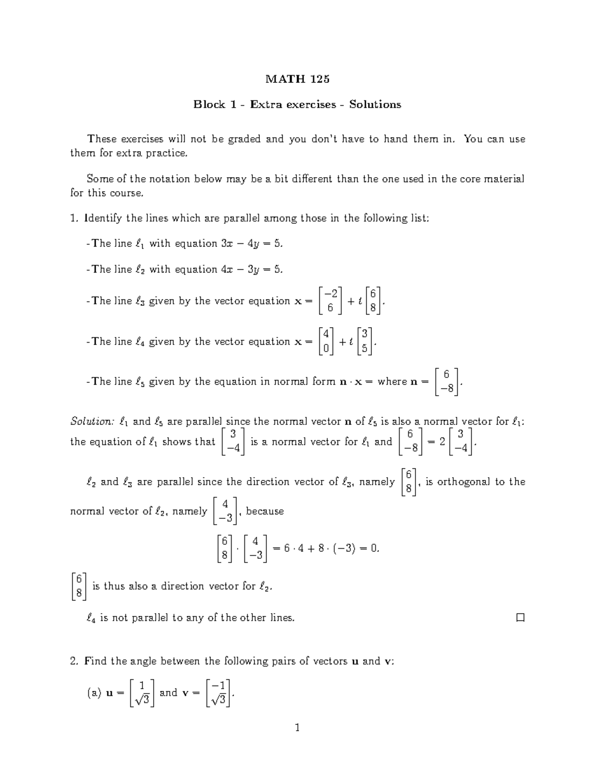 MATH125 Extra exercises 1 solutions - MATH 125 Block 1 - Extra exercises - Solutions These ...