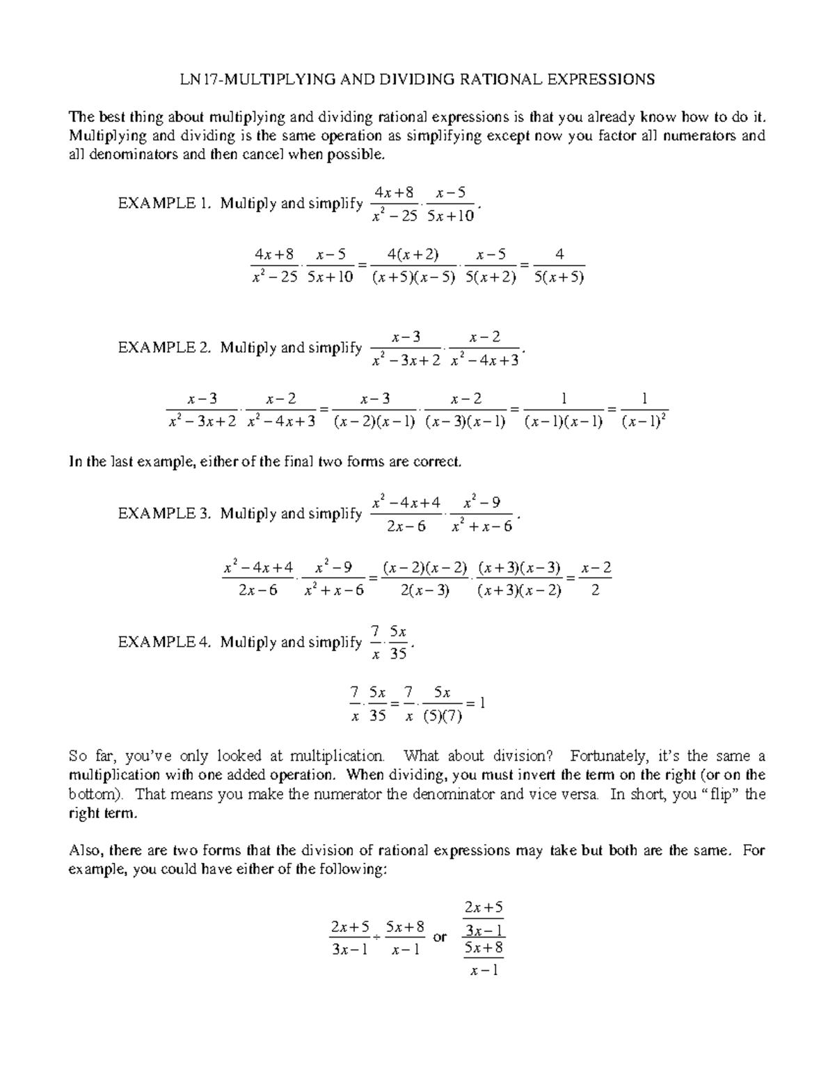 LN17 Multiplying And Dividing Rational Expressions LN17 MULTIPLYING