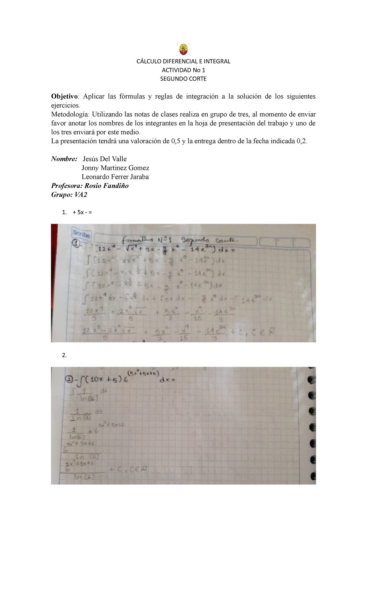 Actividad No 1 Segundo Corte VA2 - CÁLCULO DIFERENCIAL E INTEGRAL ACTIVIDAD No 1 SEGUNDO CORTE ...