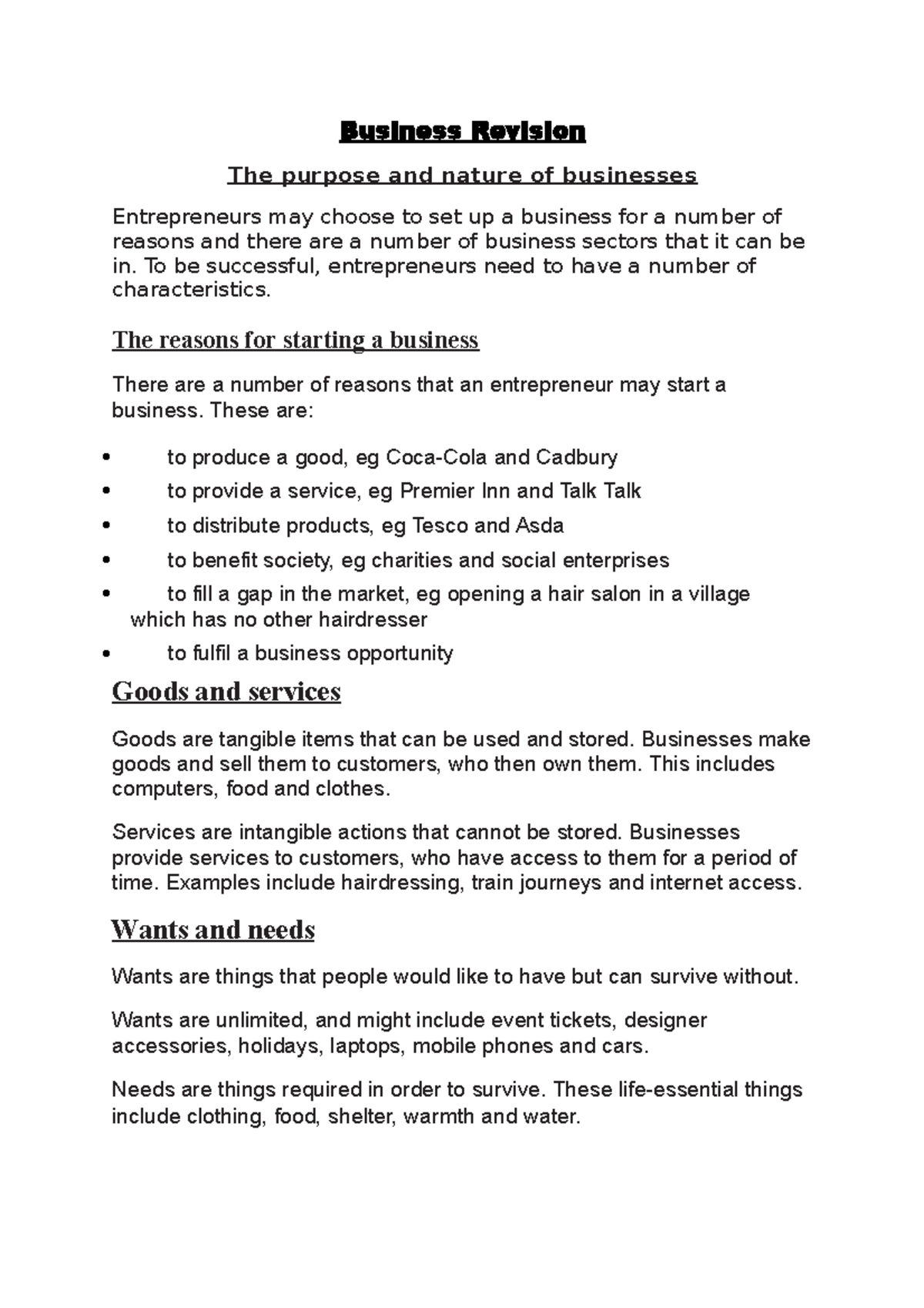 Business rev - coursework - Business Revision The purpose and nature of ...