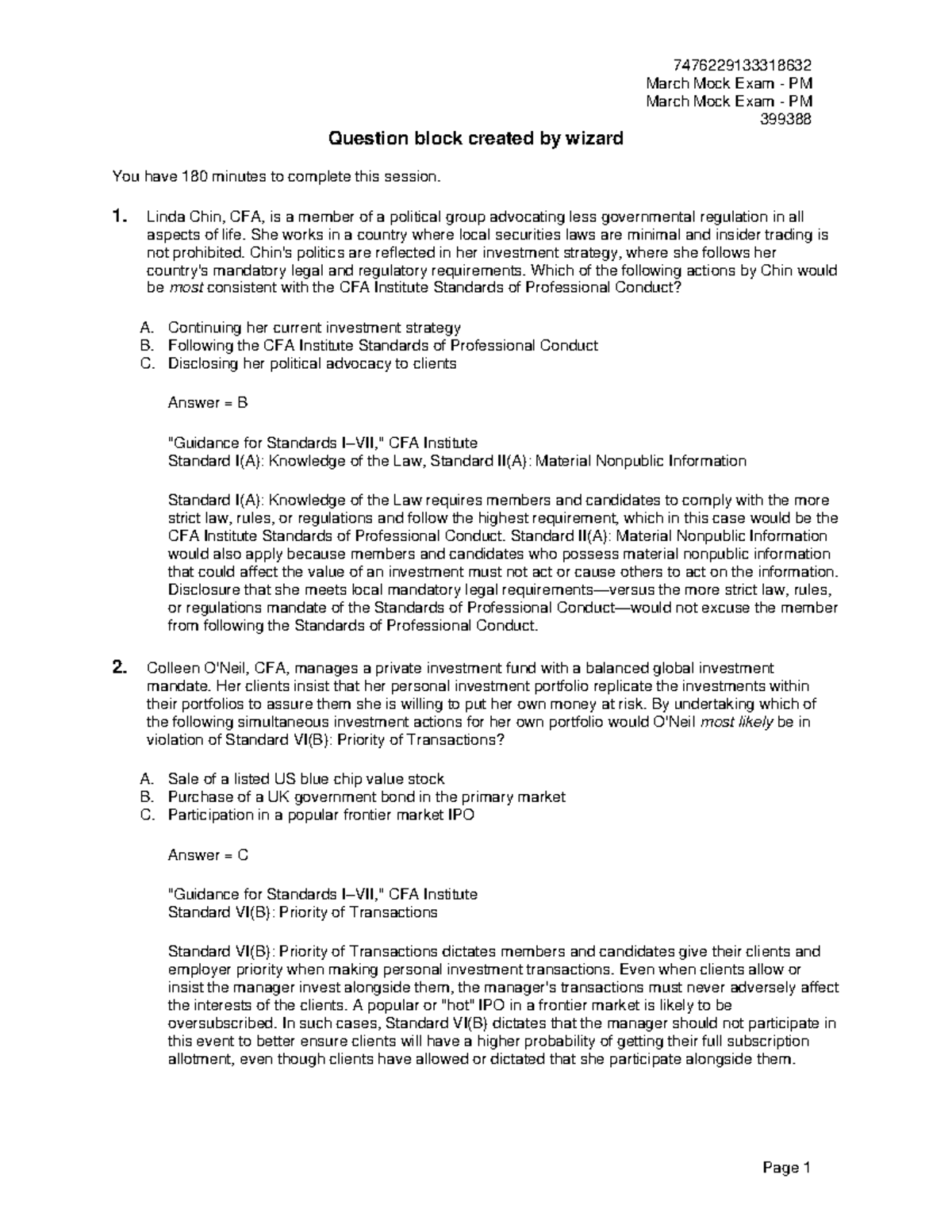Level I mock exam afternoon answers 2014 - March Mock Exam - PM March ...
