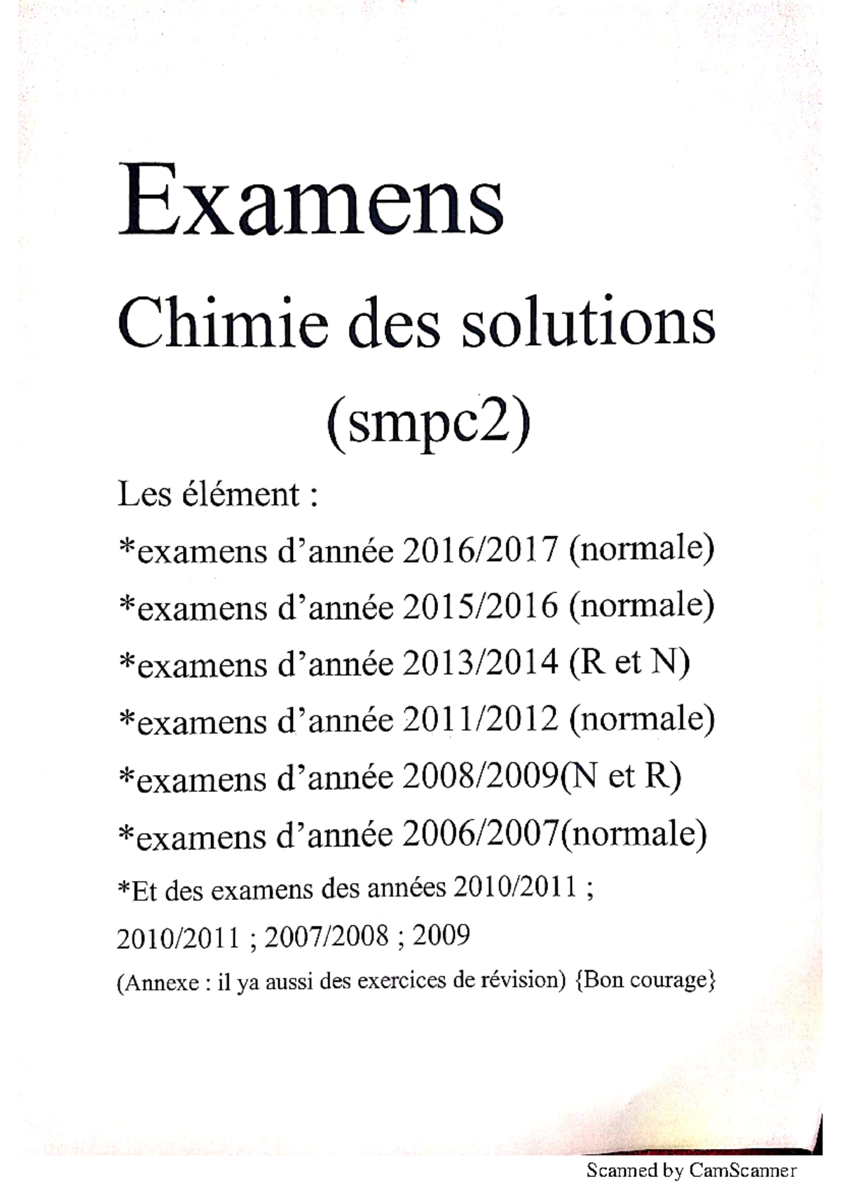 Examens(tirage) chimie des solutions - Chimie Générale - Studocu
