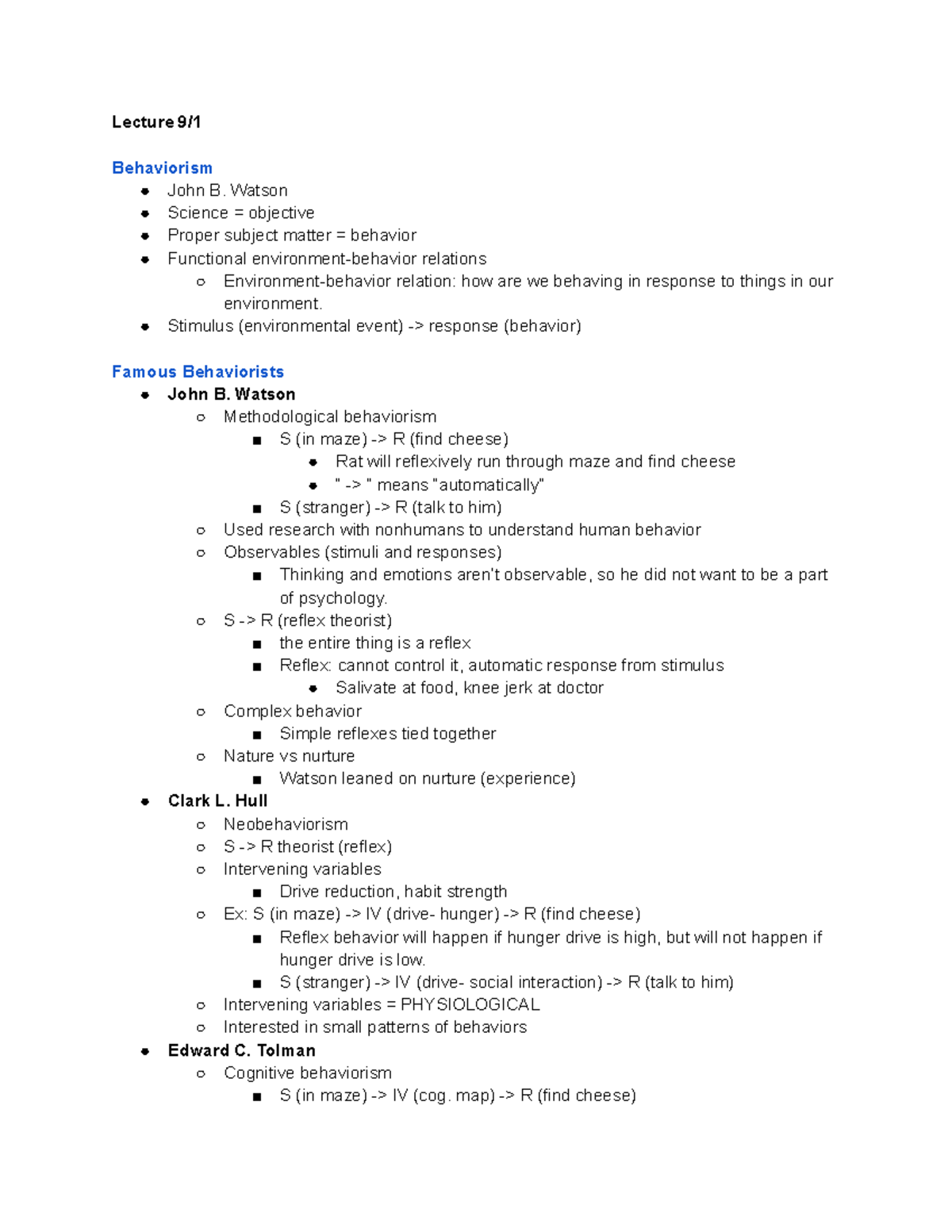 Psych of Learning - Lecture 2 - Lecture 9/ Behaviorism John B. Watson ...