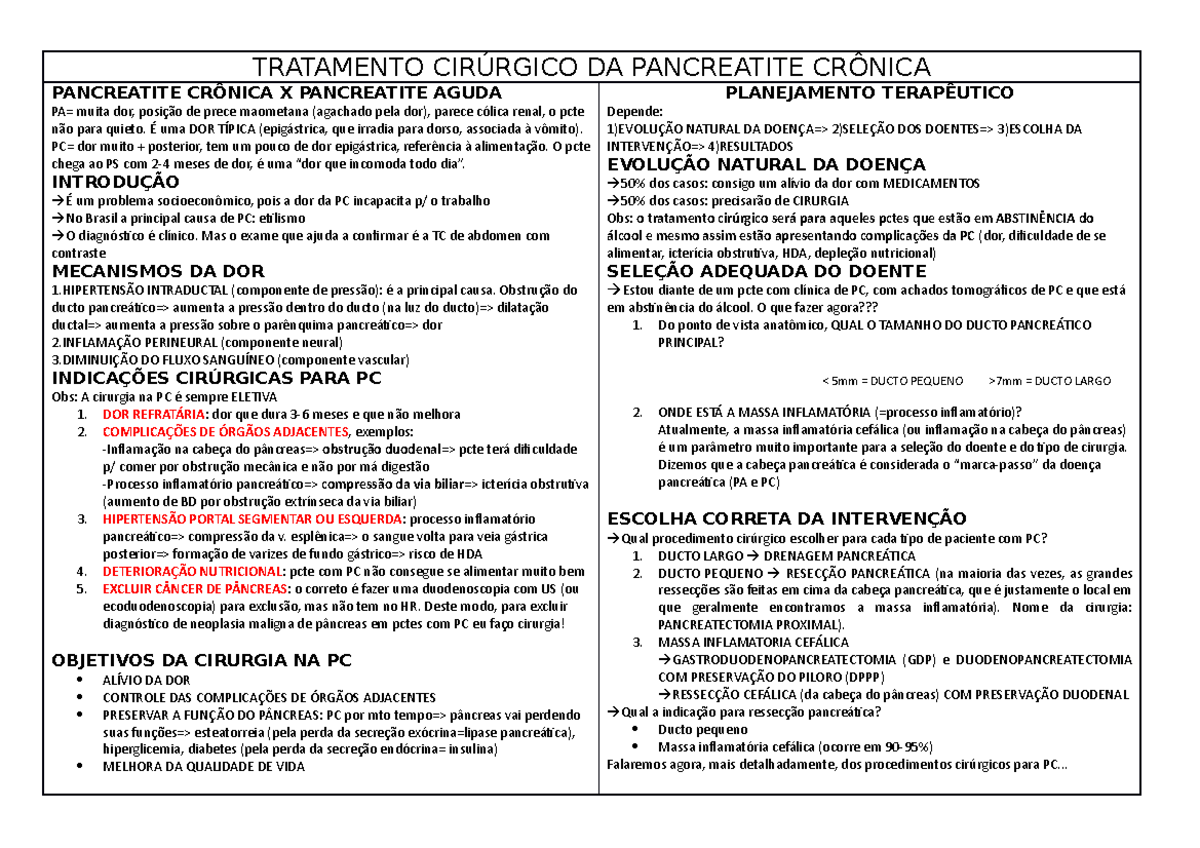 Resumo-Cirurgia na PC (finalizado) - TRATAMENTO DA PANCREATITE ...