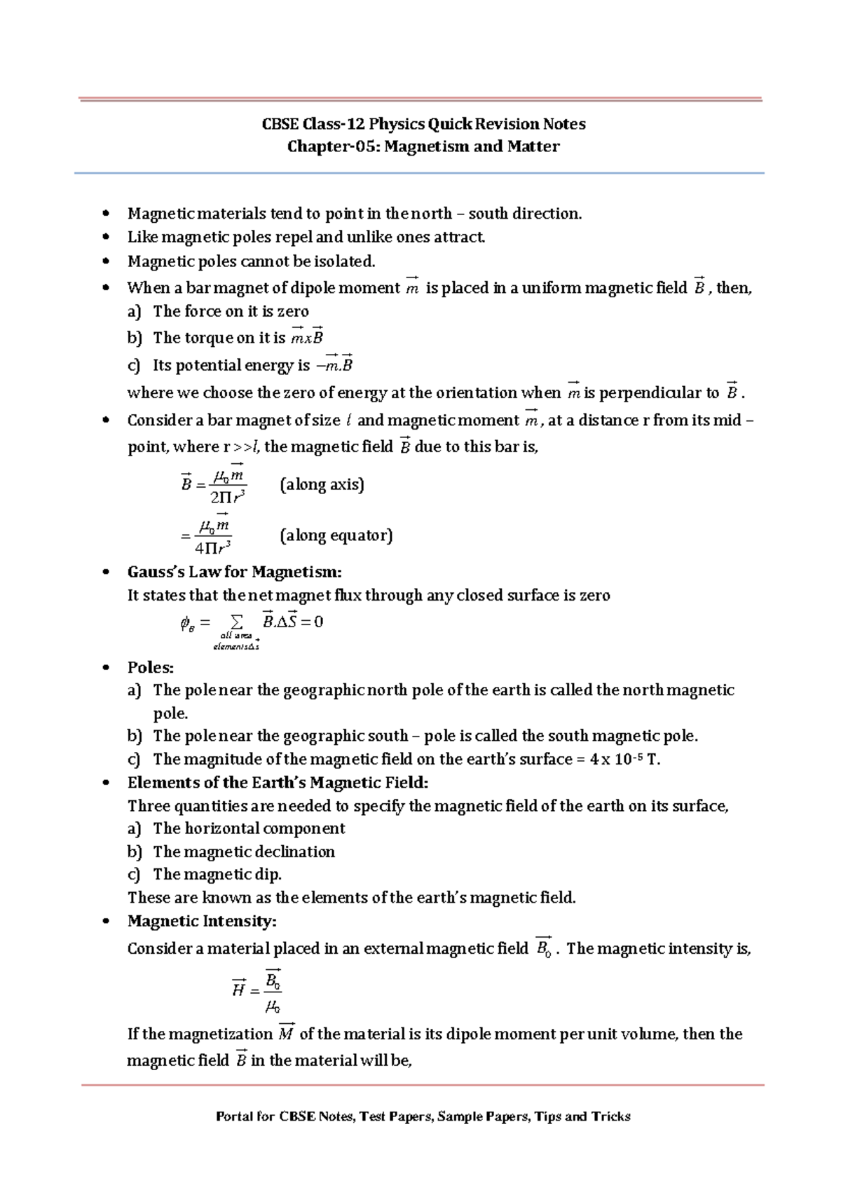 12 physics notes ch05 magnetism and matter - Portal for CBSE Notes ...
