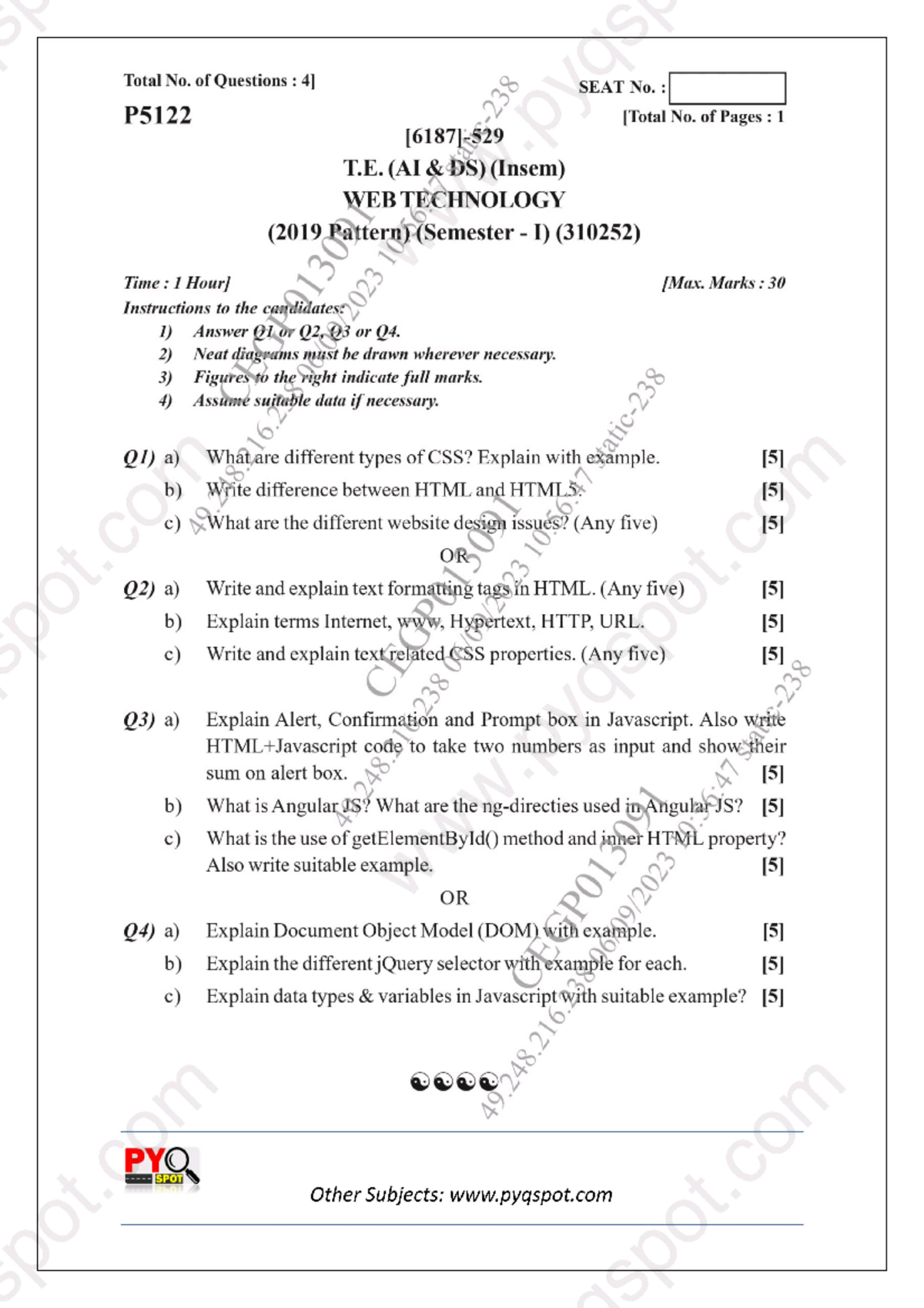 Web technology Insem Pyq Spot Quality - Total No. of Questions : 226 ...