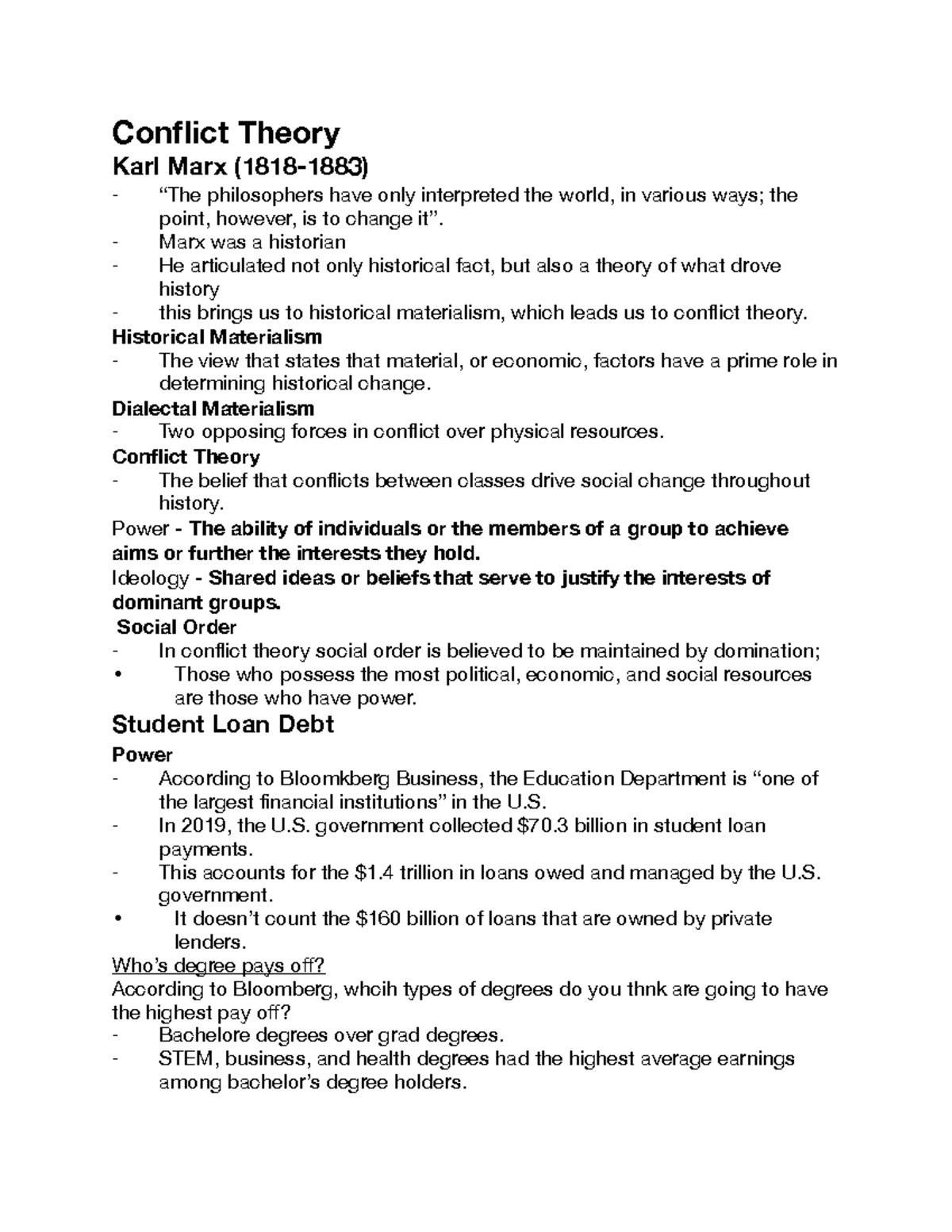 Sociology notes 2 - Conflict Theory Karl Marx (1818-1883) ⁃ “The ...