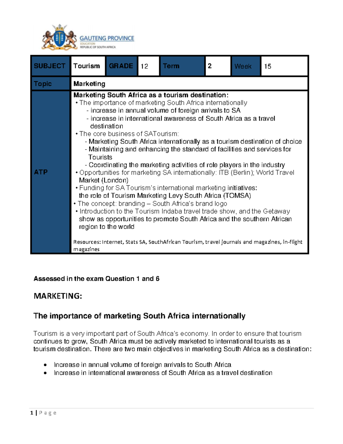 Grade 12 Marketing Q6 content and assessment 2023 - SUBJECT Tourism ...