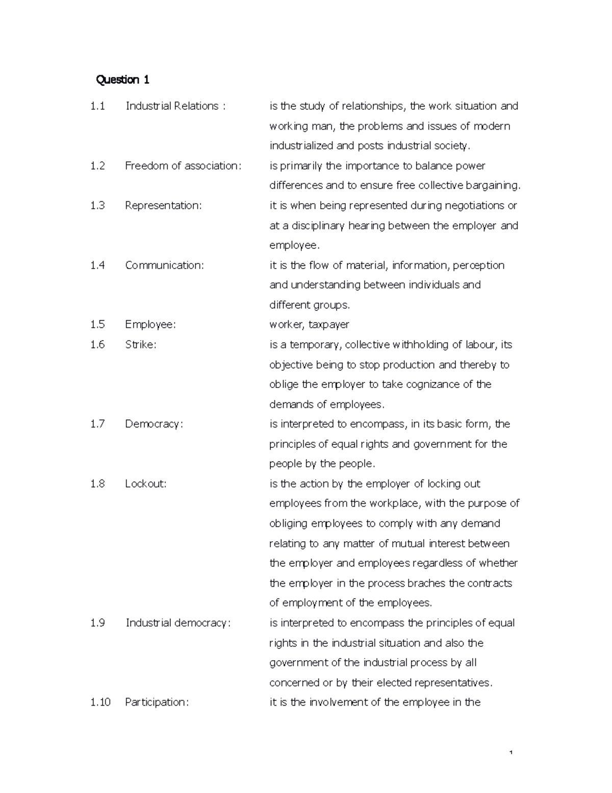 LBR 100 - Essay and Assignment - Question 1 1 Industrial Relations : is ...