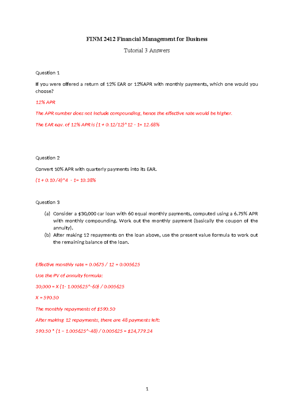 Week 3 Tutorial Answers - FINM 2412 Financial Management for Business Tutorial 3 Answers ...