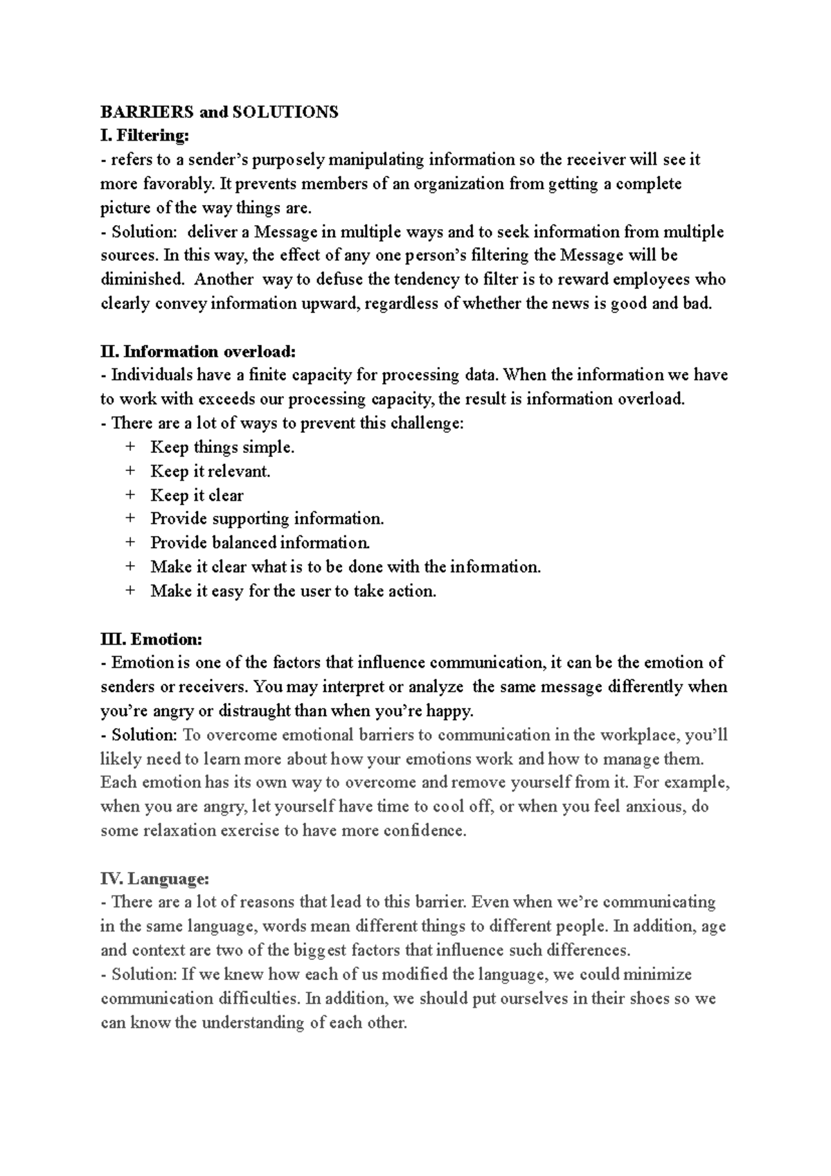 Barriers and Solutions 1 - BARRIERS and SOLUTIONS I. Filtering: refers ...