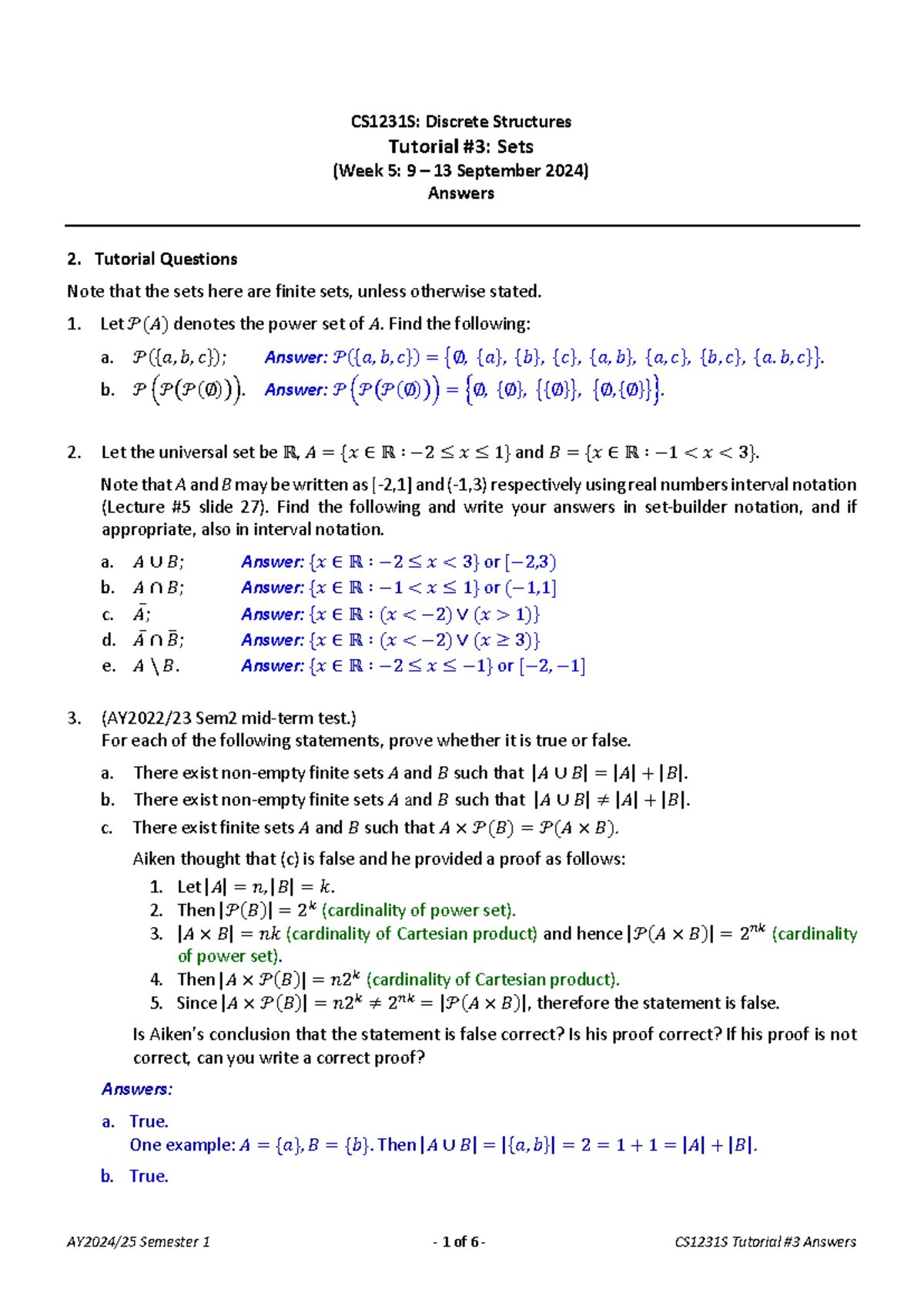 Tut03ans Post Tutorial 3 Sets Cs1231s Discrete Structures Tutorial 3 Sets Week 5 9