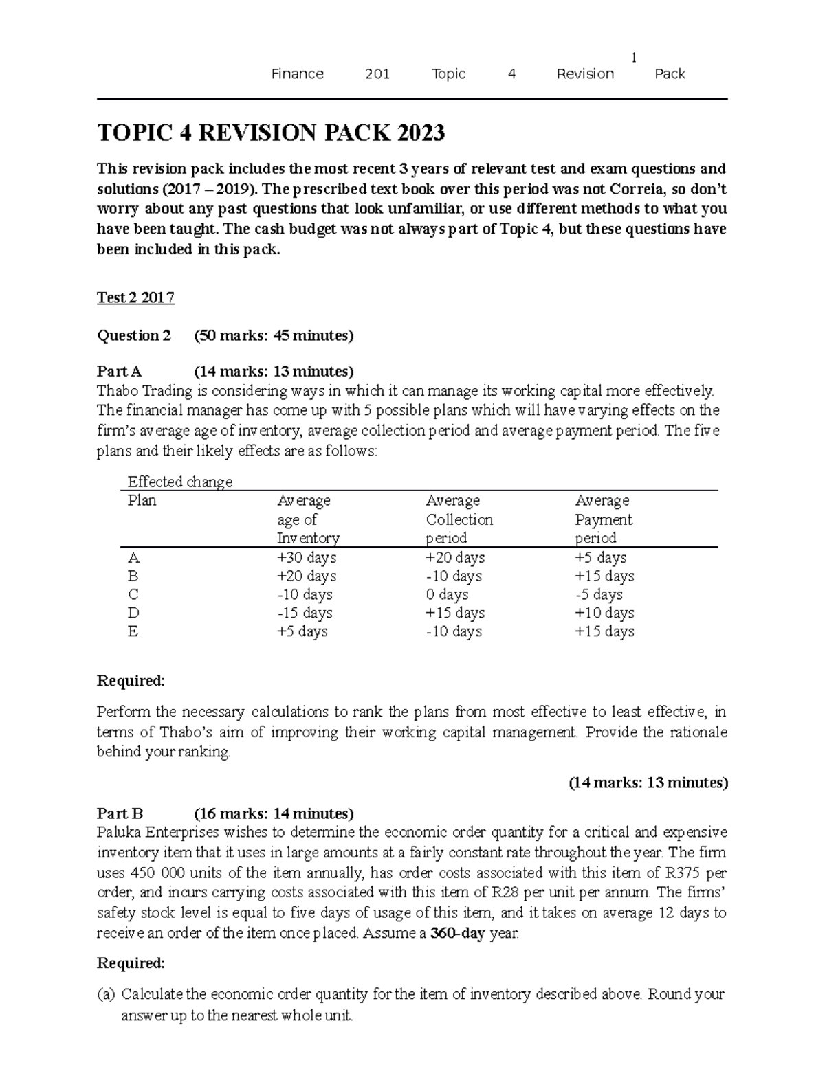 Topic 4 revision pack - Finance 201 Topic 4 Revision Pack TOPIC 4 ...