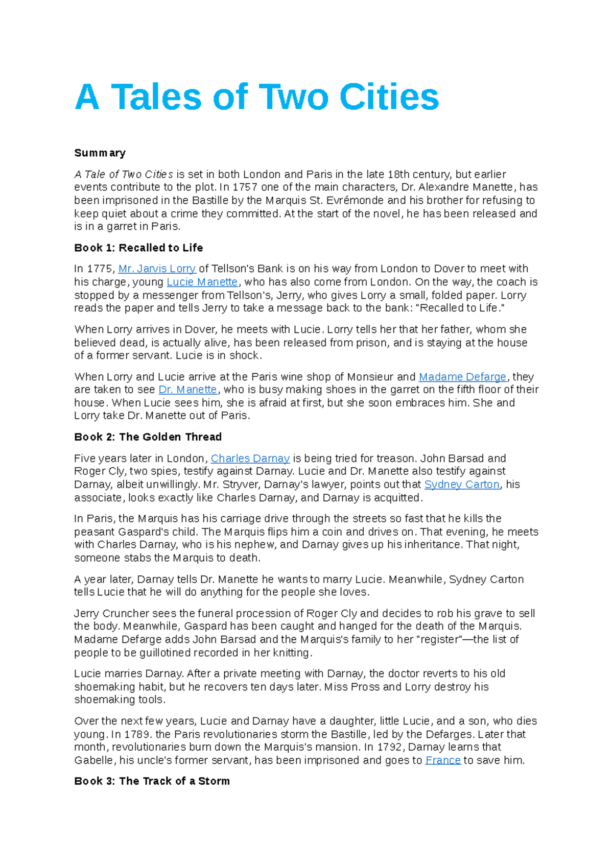 Tale of Two Cities Summary - A Tales of Two Cities Summary A Tale of ...