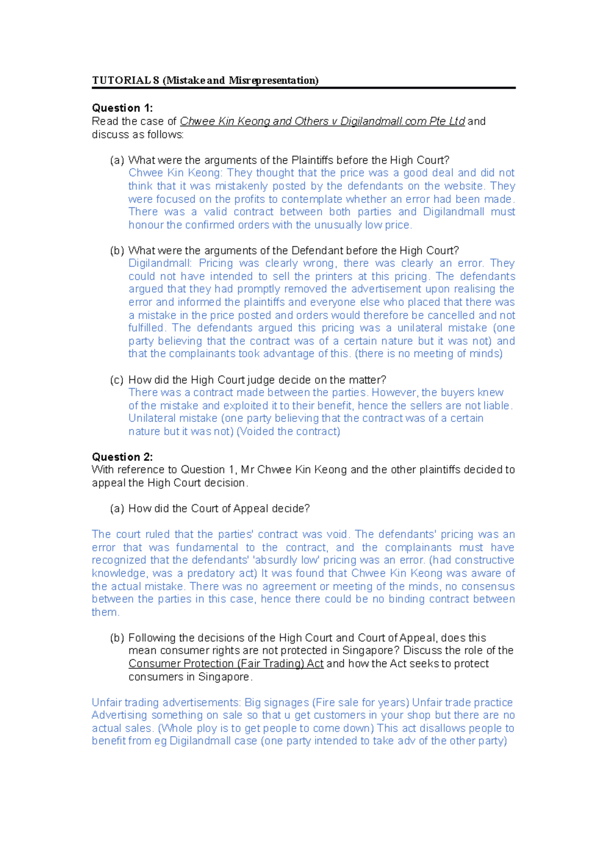 Tutorial 8 (Mistake and Misrepresentation) - TUTORIAL 8 (Mistake and Misrepresentation) Question ...