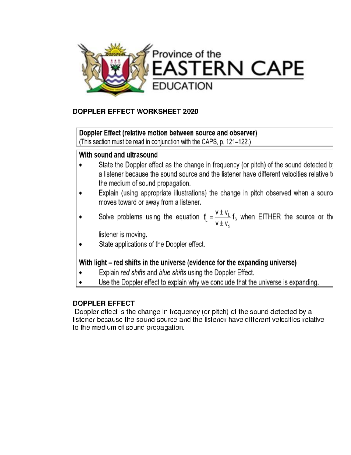 Ce Tech Sc Gr 12 PHY SC Doppler Effect Worksheet-1 - DOPPLER EFFECT ...