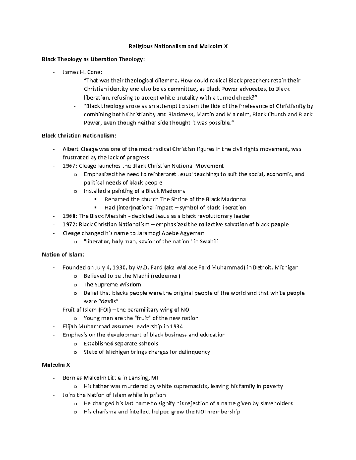 Religious Nationalism and Malcolm X - Cone: “That was their theological ...