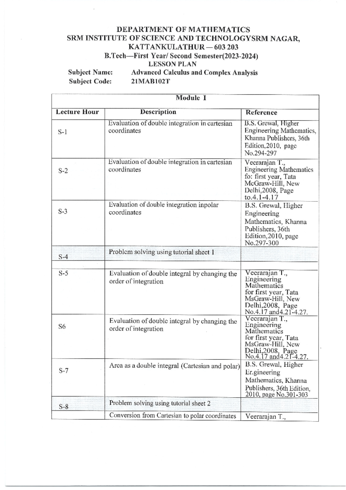 Lesson PLAN - 21MAB102T Advanced Calculus AND Complex Analysis ...