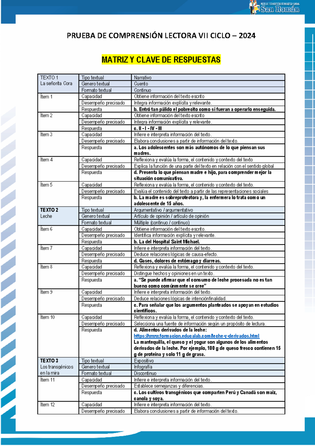 Matriz y Clave de Respuestas VII ciclo - PRUEBA DE COMPRENSIÓN LECTORA ...