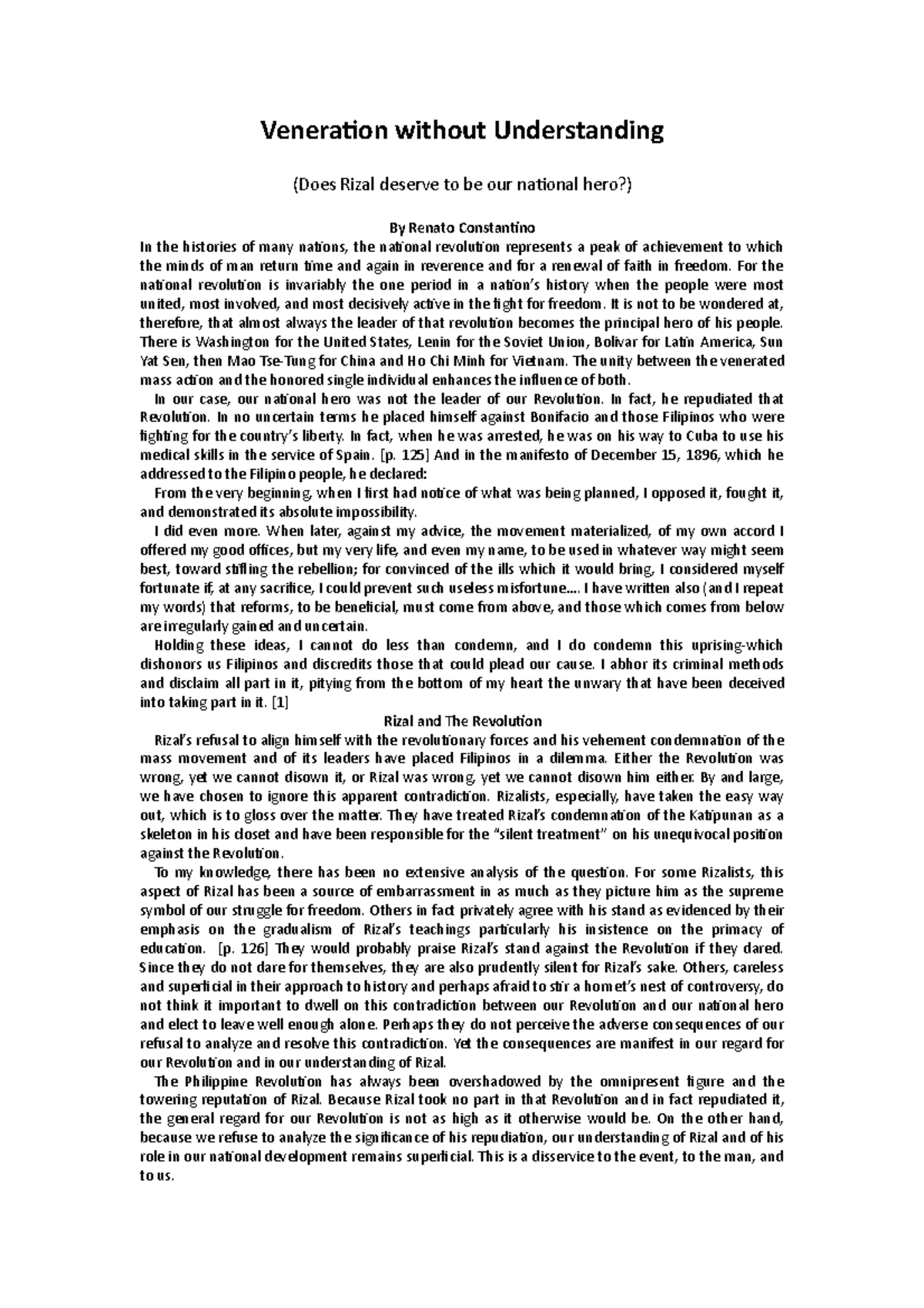 Veneration without Understanding by Renato Constantino - Veneration ...