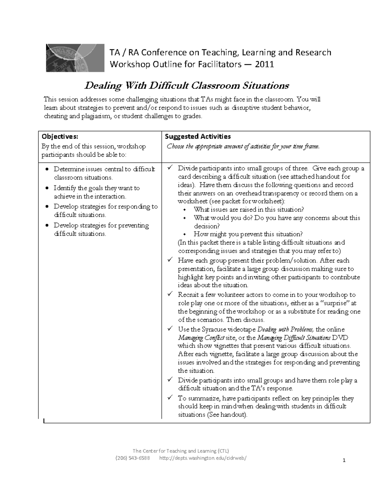 Dealing With Difficult Classroom Situations 2011 - The Center for ...