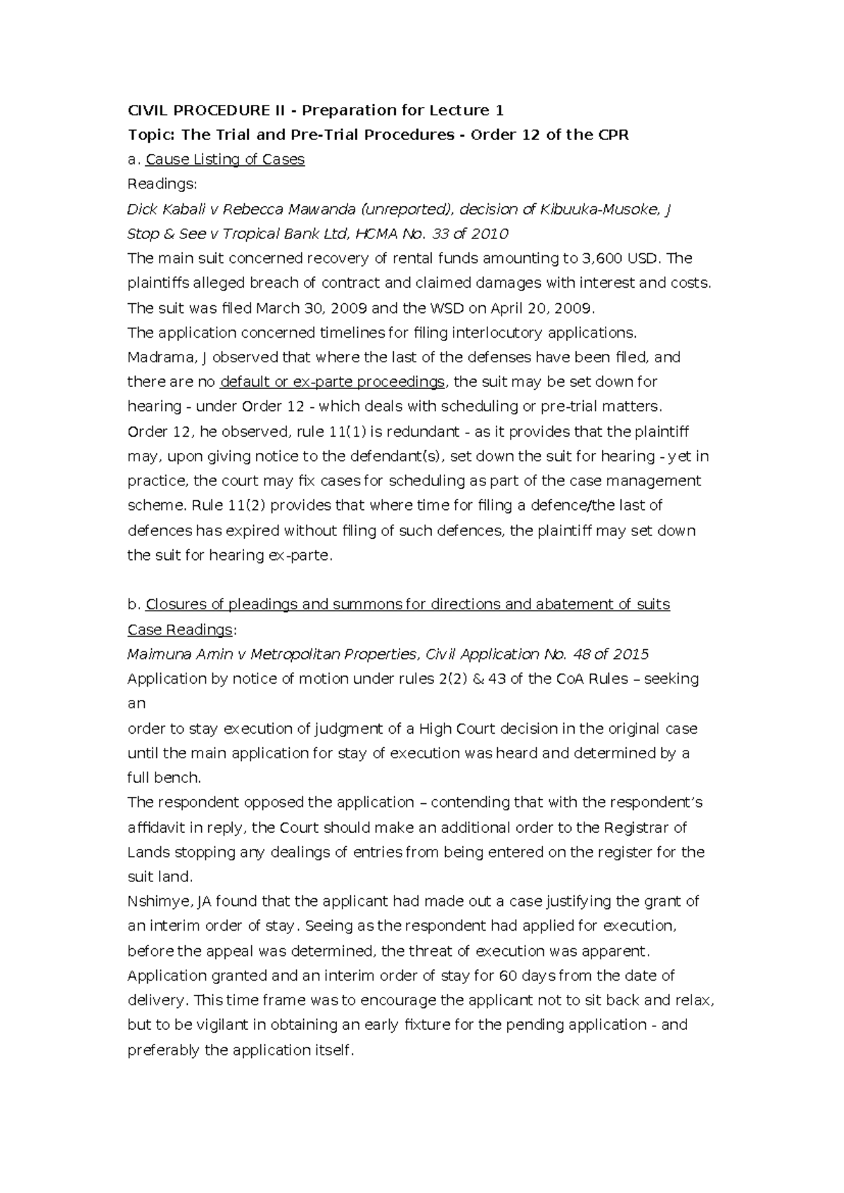 Civil Procedure II - Kalibbala - CIVIL PROCEDURE II - Preparation for ...