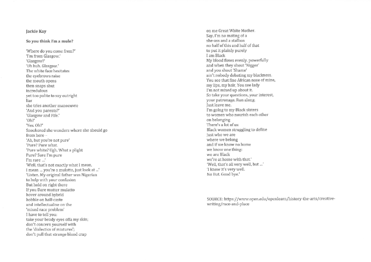 10 Jackie Kay selected poems - Cultura Inglesa (pós-)colonial - Studocu