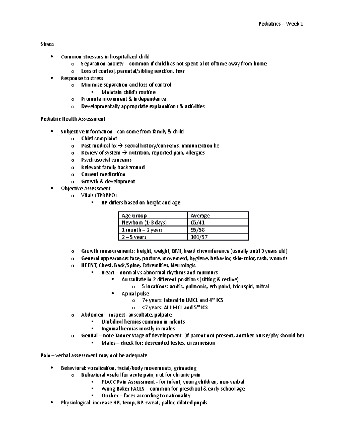 Peds - Week 1 Notes - Pediatrics – Week 1 Stress Common stressors in ...
