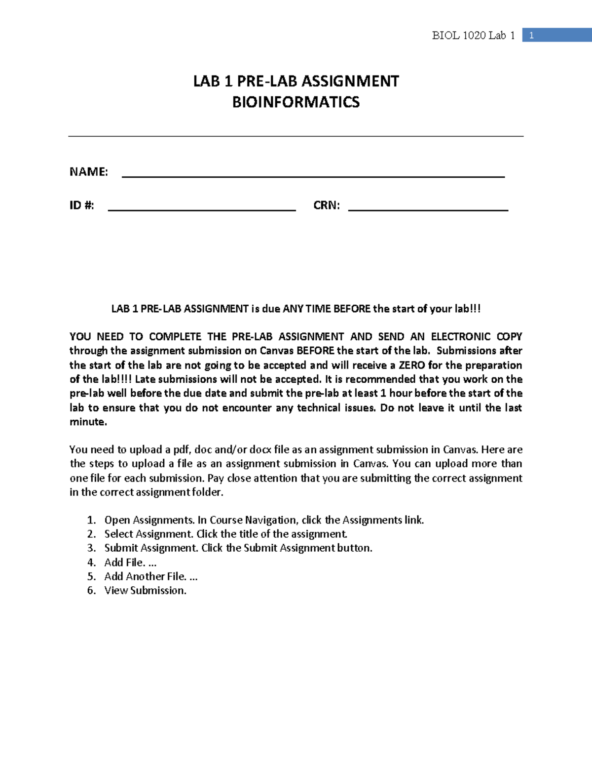 Lab 1 Pre-lab assignment Bioinformatics S2024 - BIOL 1020 Lab 1 1 LAB 1 PRE-LAB ASSIGNMENT - Studocu