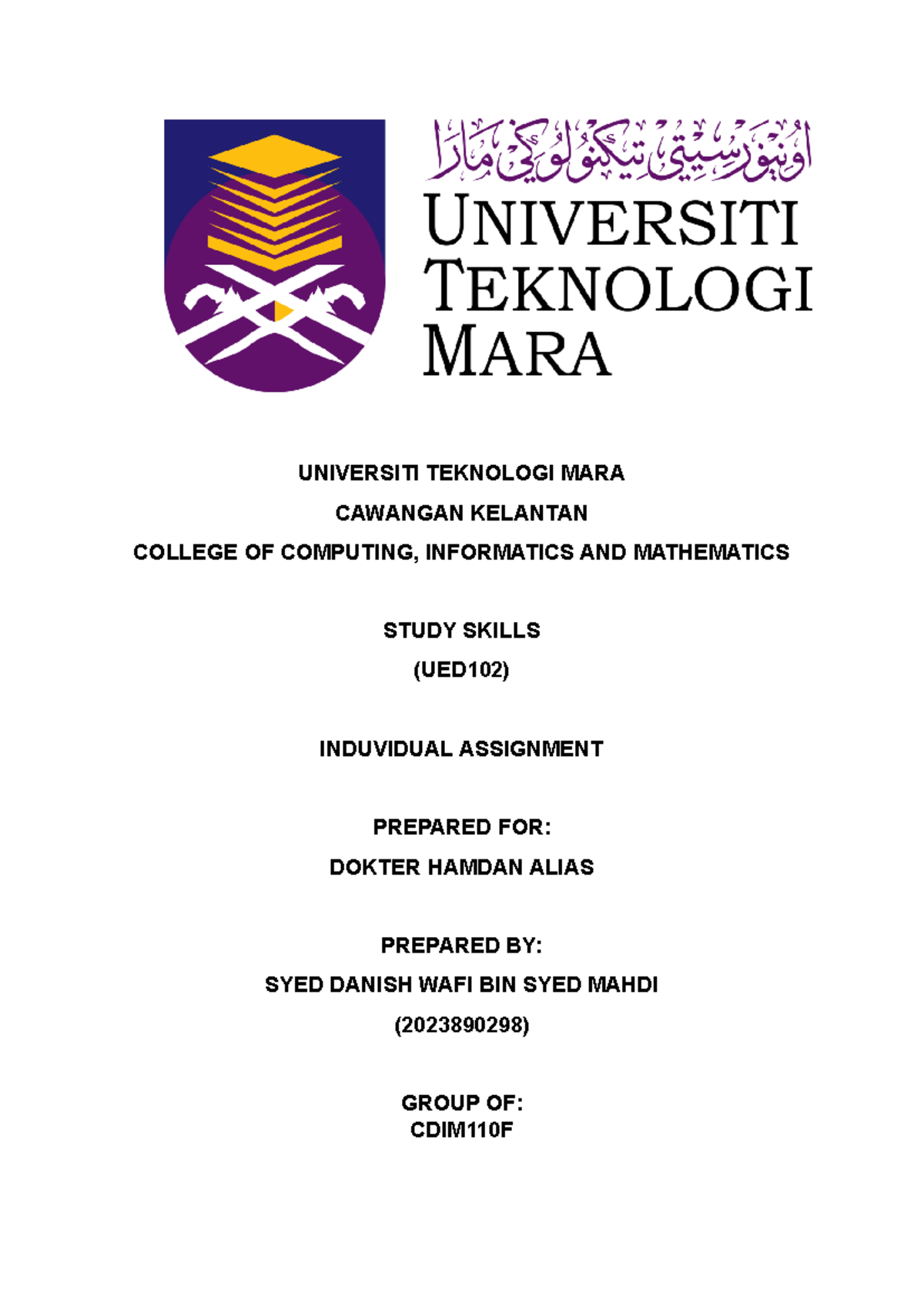 assignment UED102 - UNIVERSITI TEKNOLOGI MARA CAWANGAN KELANTAN COLLEGE ...