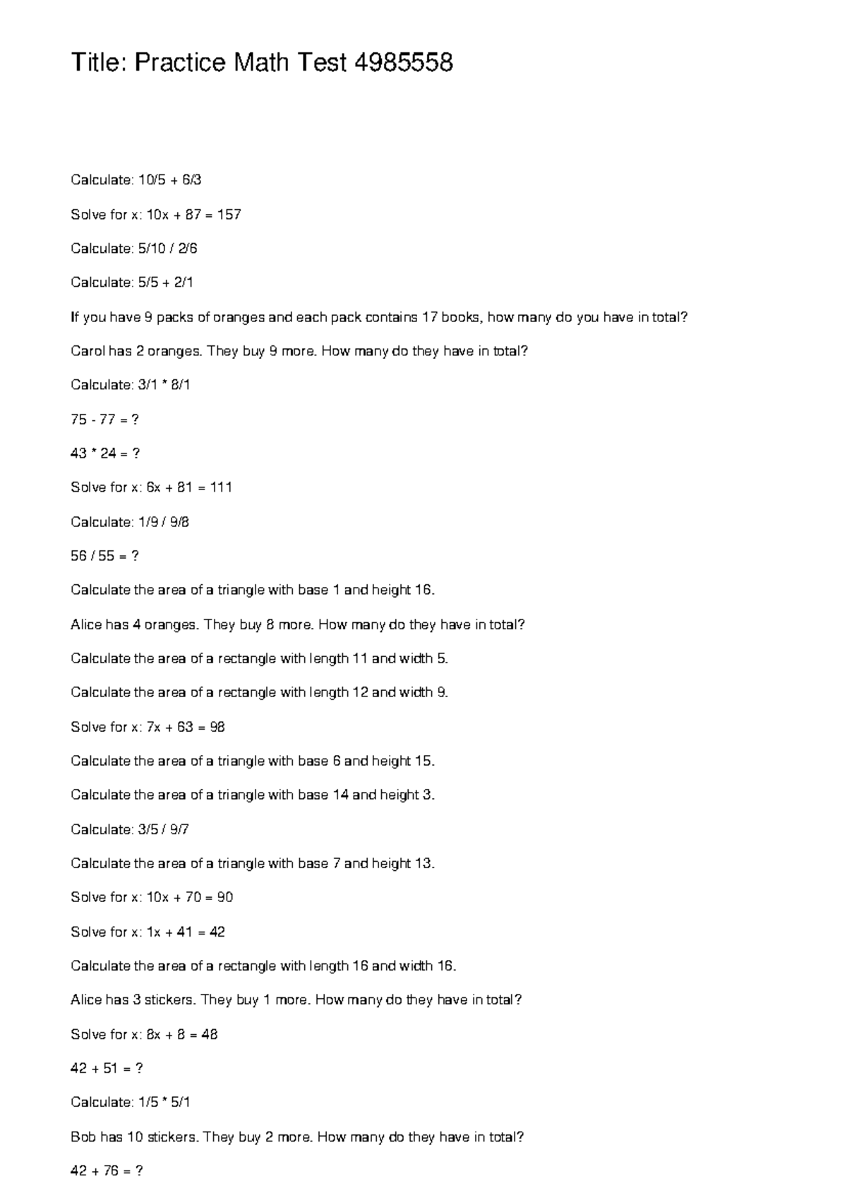 Practice Math Test 4985558 - Title: Practice Math Test 4985558 ...