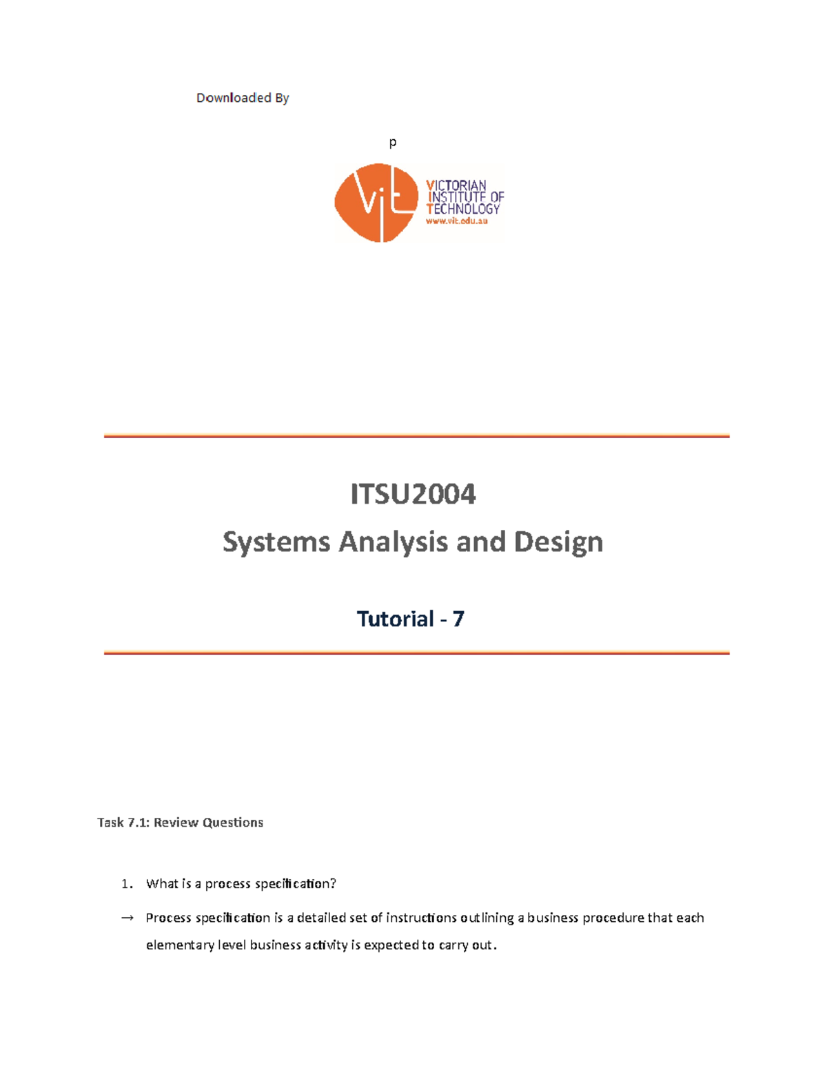 ITSU2004 Tutorial 7 - p ITSU Systems Analysis and Design Tutorial - 7 ...