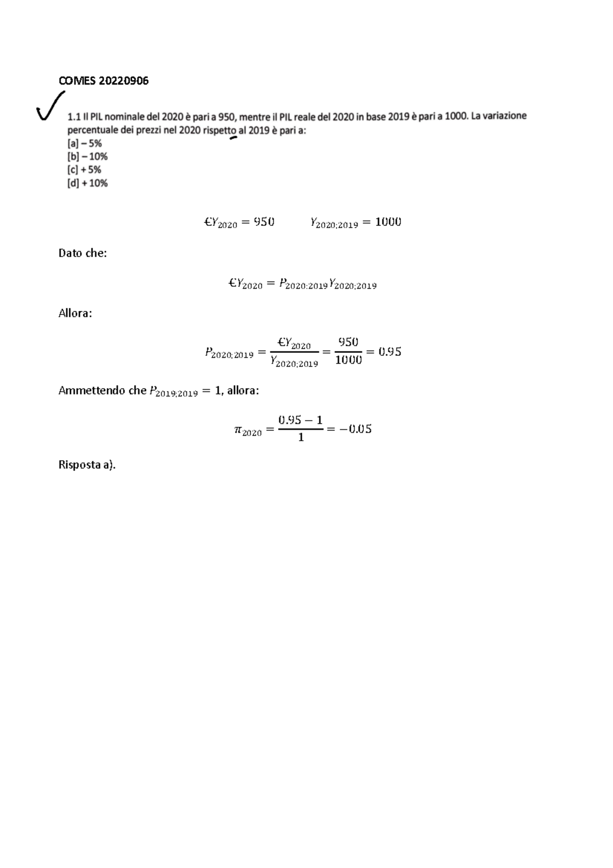 Esame corretto macroeconomia - COMES 20220906 €𝑌!"!" = 950 𝑌 ...