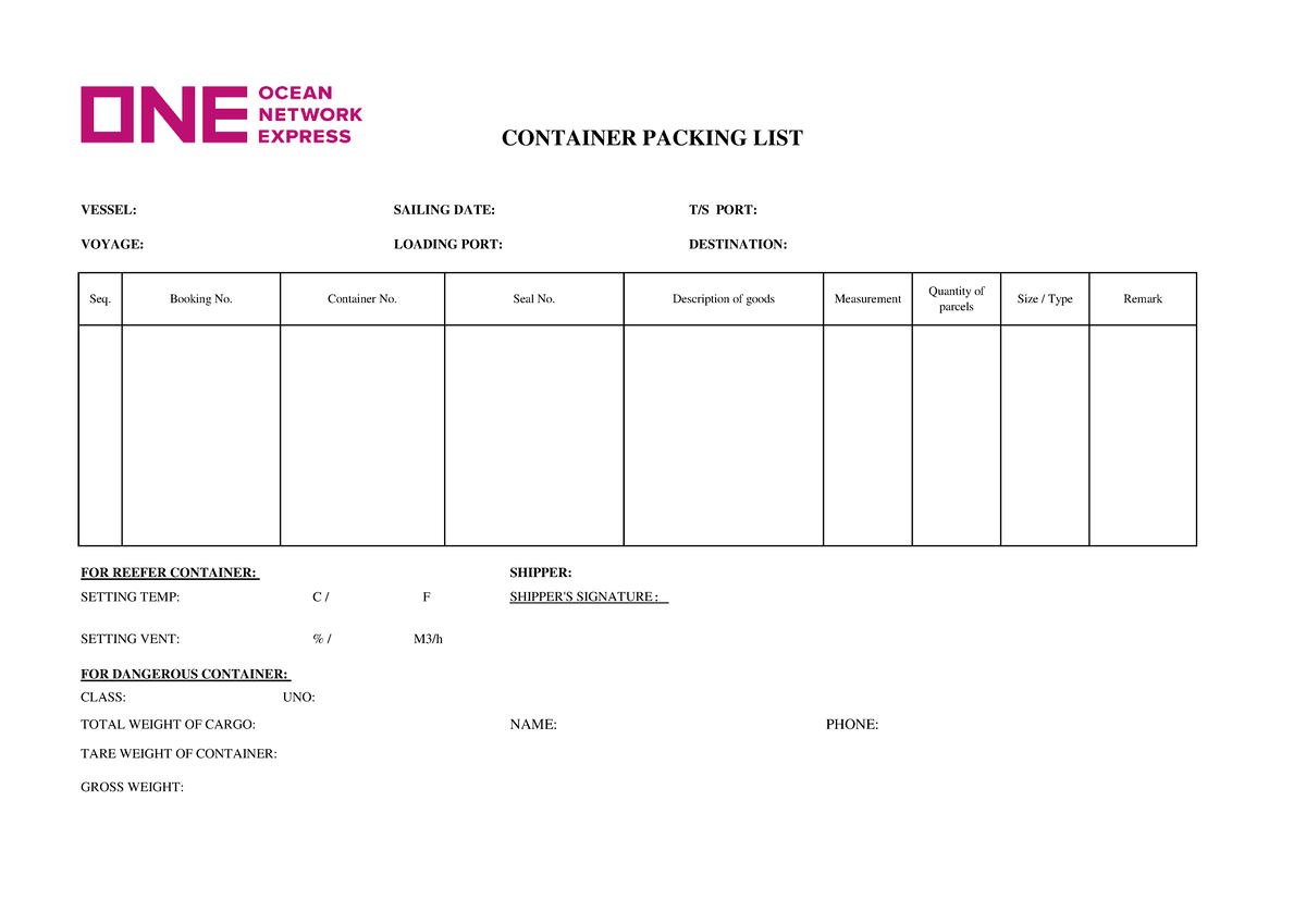 container packing list form of ONE - Kinh Te Quoc Te - FOR REEFER ...