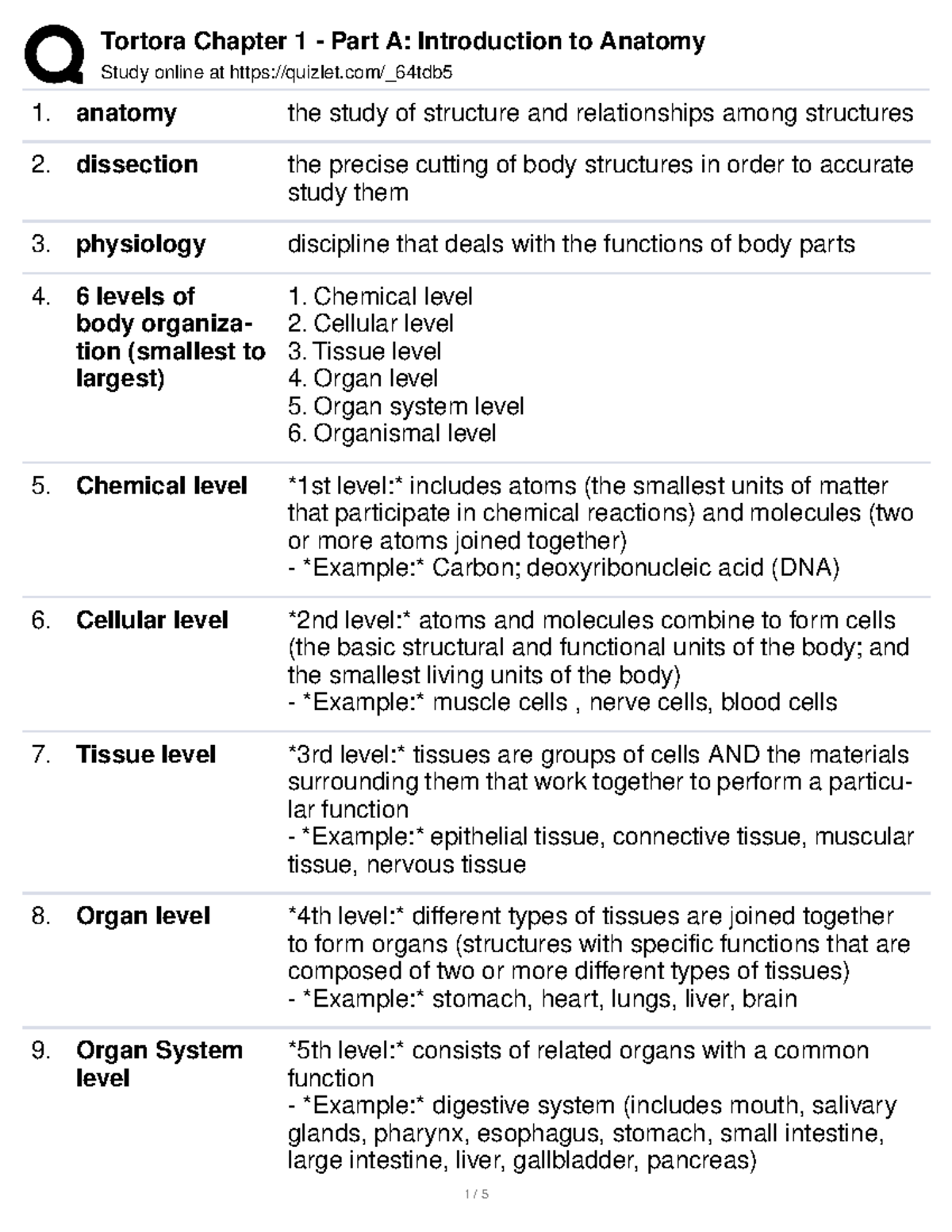 Tortora Chapter 1 - Part A Introduction to Anatomy - Study online at ...