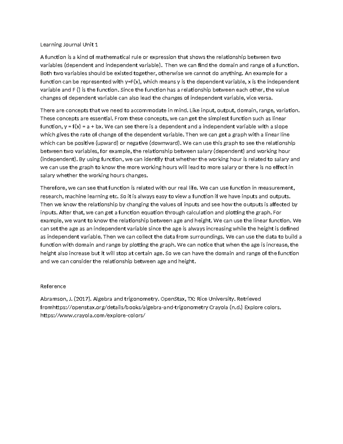 Learning Journal Unit 1 - Then we can find the domain and range of a function. Both two ...