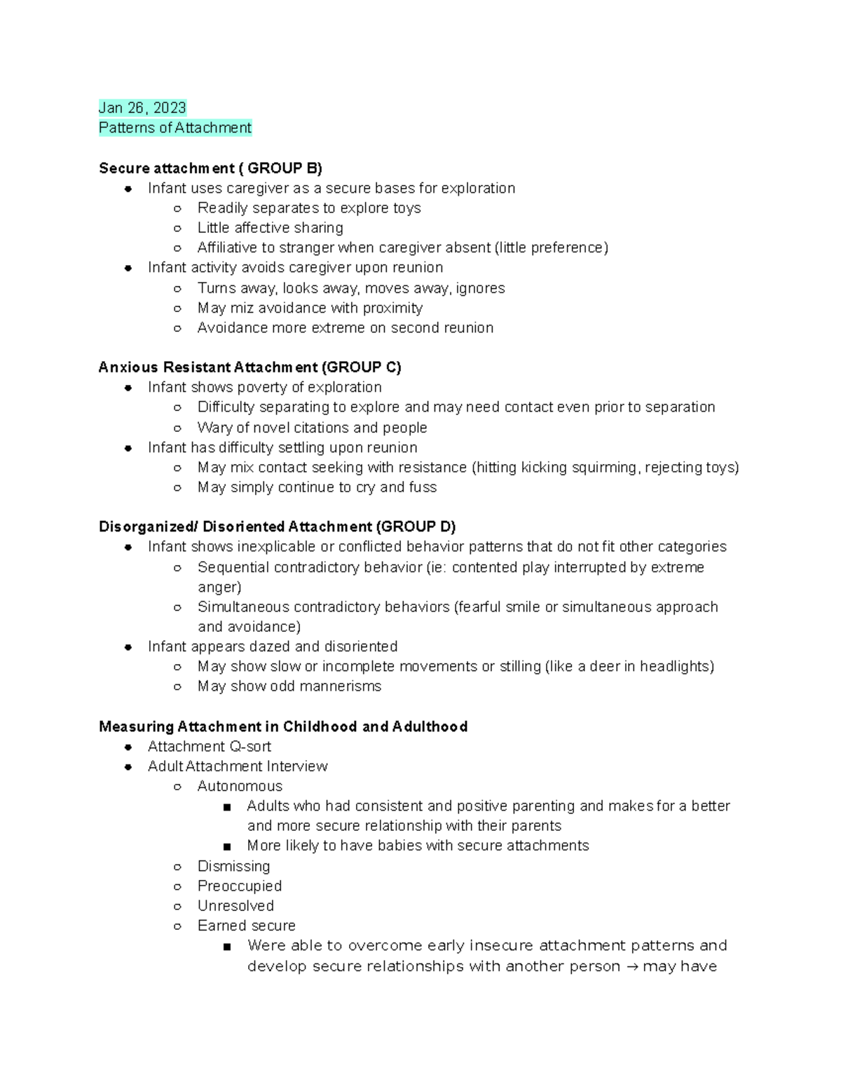 Social Notes 1 26 - Jan 26, 2023 Patterns of Attachment Secure ...