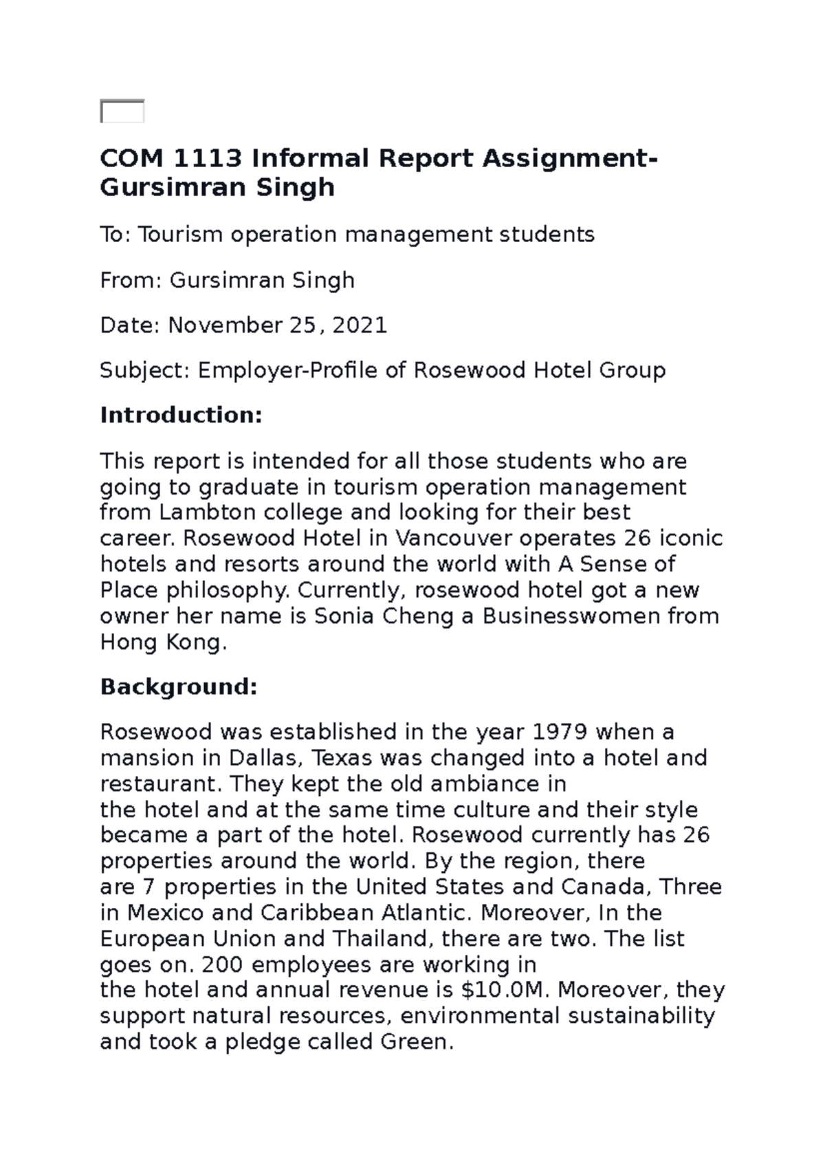 COM 1113 Informal Report Assignment-Gursimran Singh - Rosewood Hotel in ...