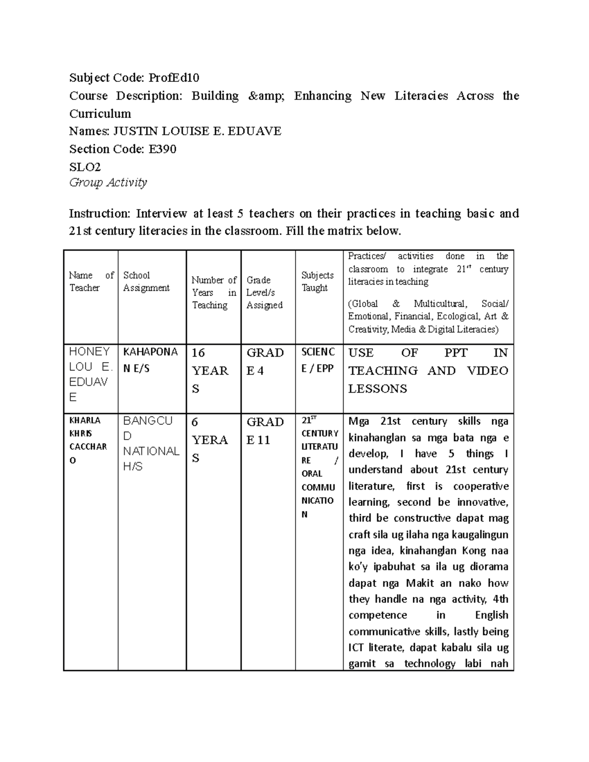 SLO2 - Low-key right - Subject Code: ProfEd Course Description ...