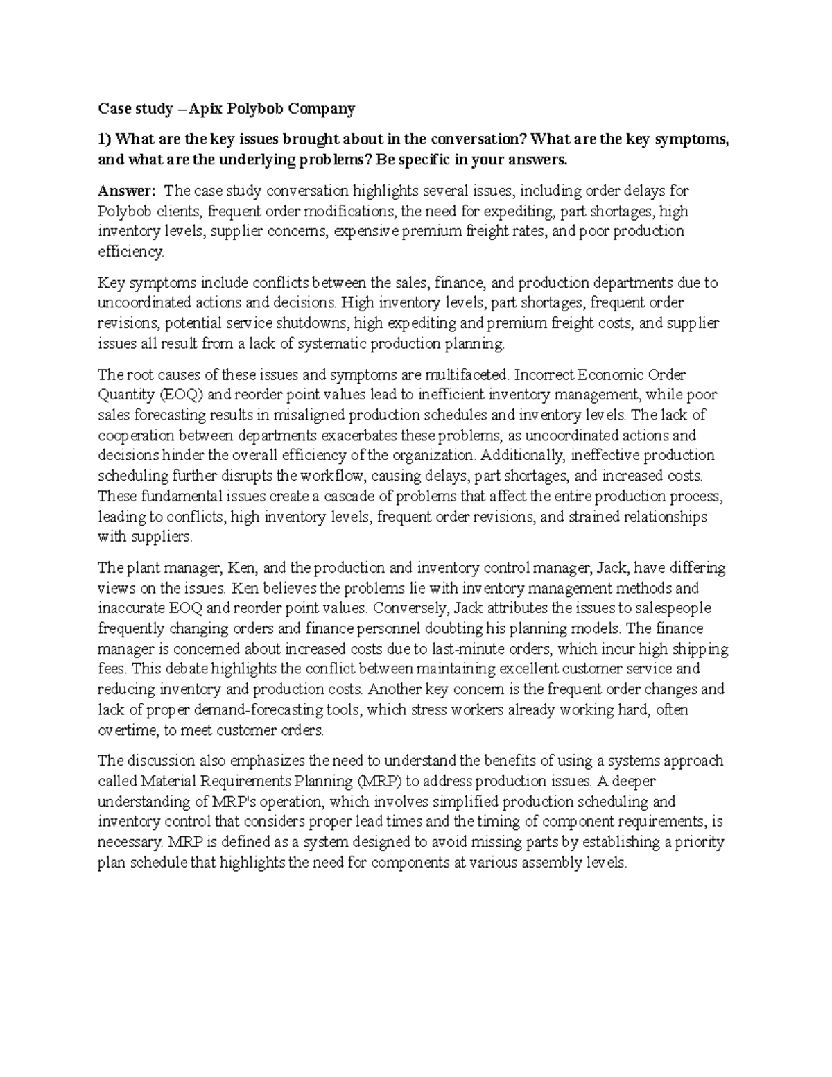 Inventory Case study - Introduction about warehousing - Case study – Apix Polybob Company What ...