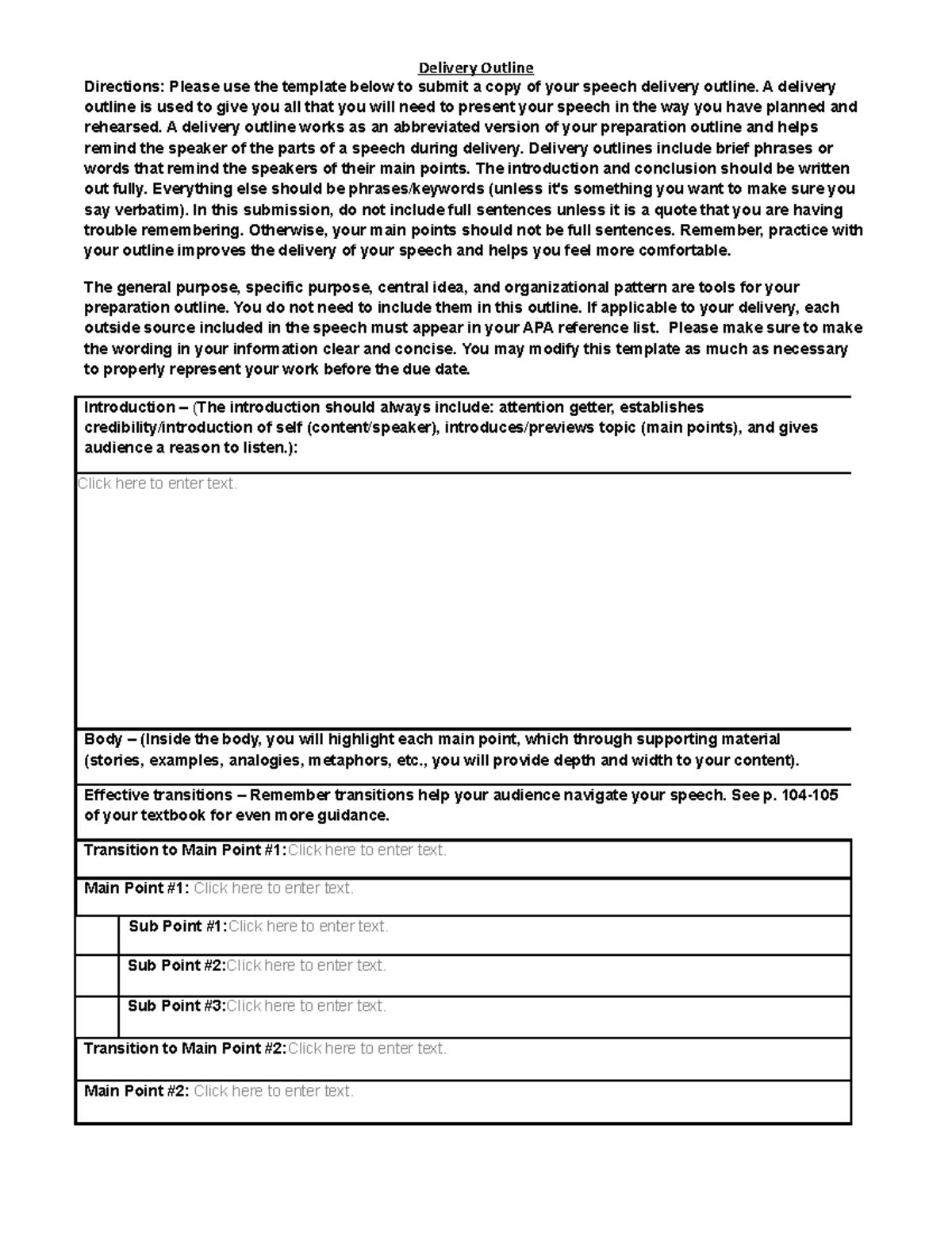 Delivery Outline Fillable Form - Delivery Outline Directions: Please ...