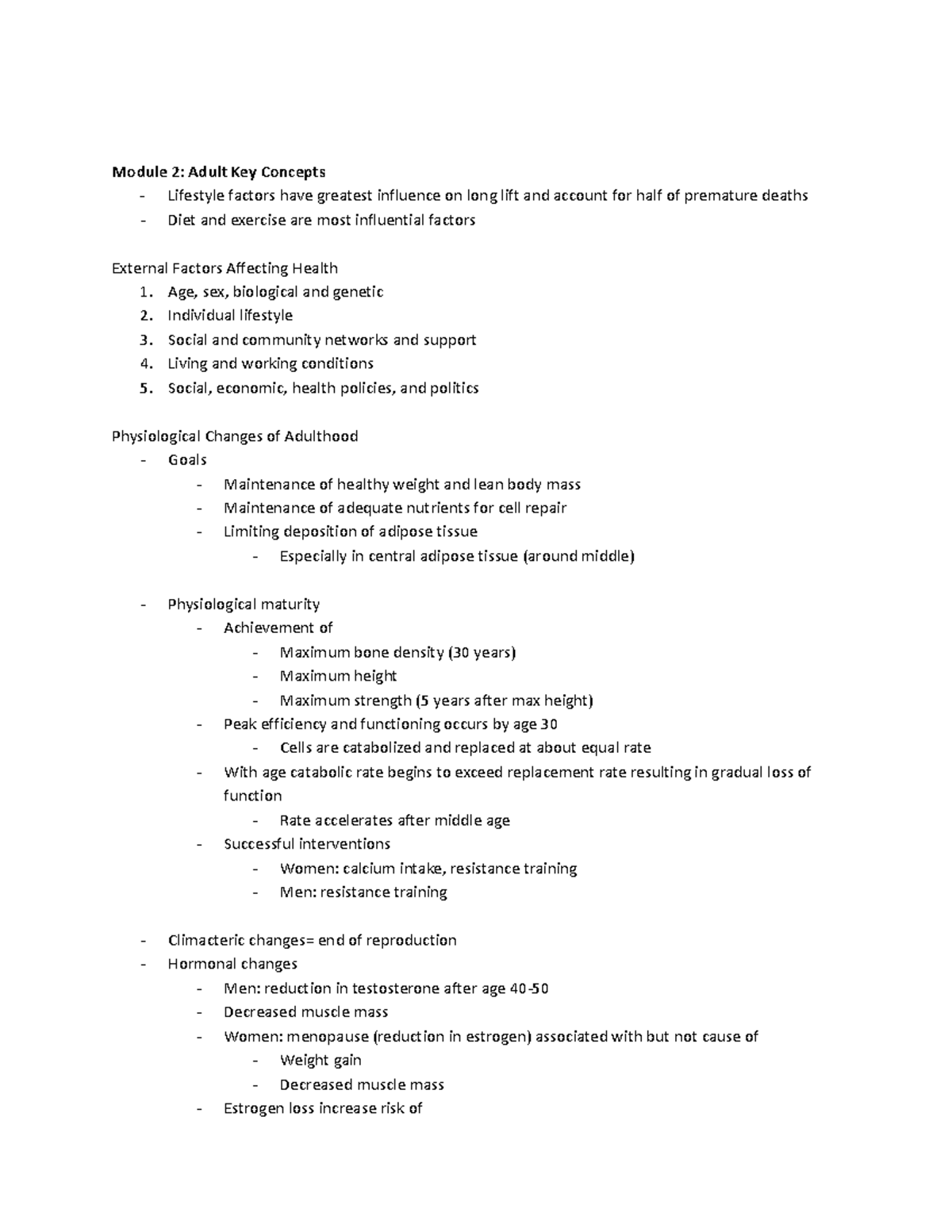 NSD 342 Notes - Module 2: Adult Key Concepts - Lifestyle factors have ...