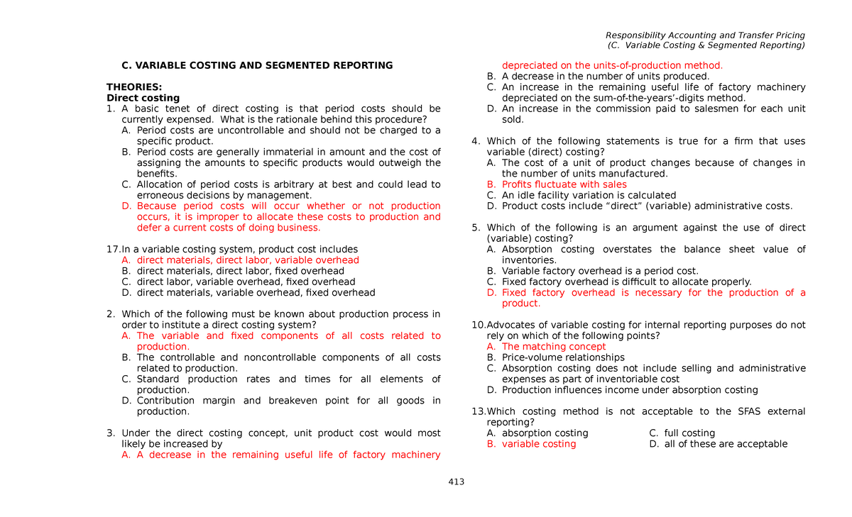 Module 7. C. Variable Costing AND Segmented Reporting - (C. Variable ...