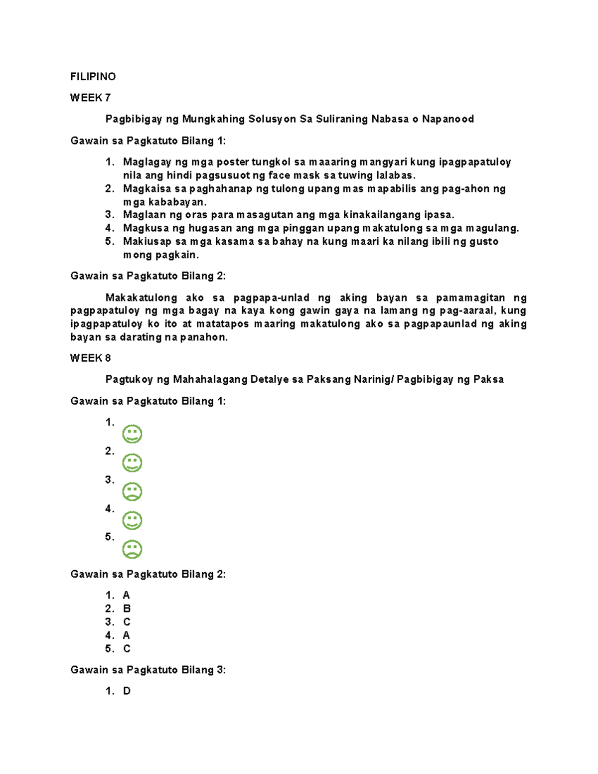 Week 7 - notes - FILIPINO WEEK 7 Pagbibigay ng Mungkahing Solusyon Sa ...